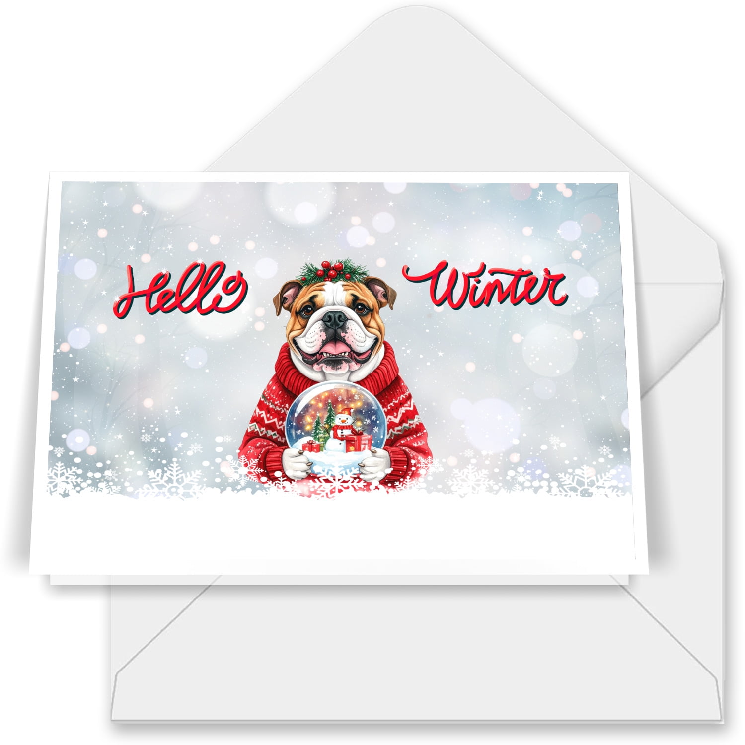 Hello Welcome Winter Bulldog Holding Snow Globe Snowman 7x5in Folded ...