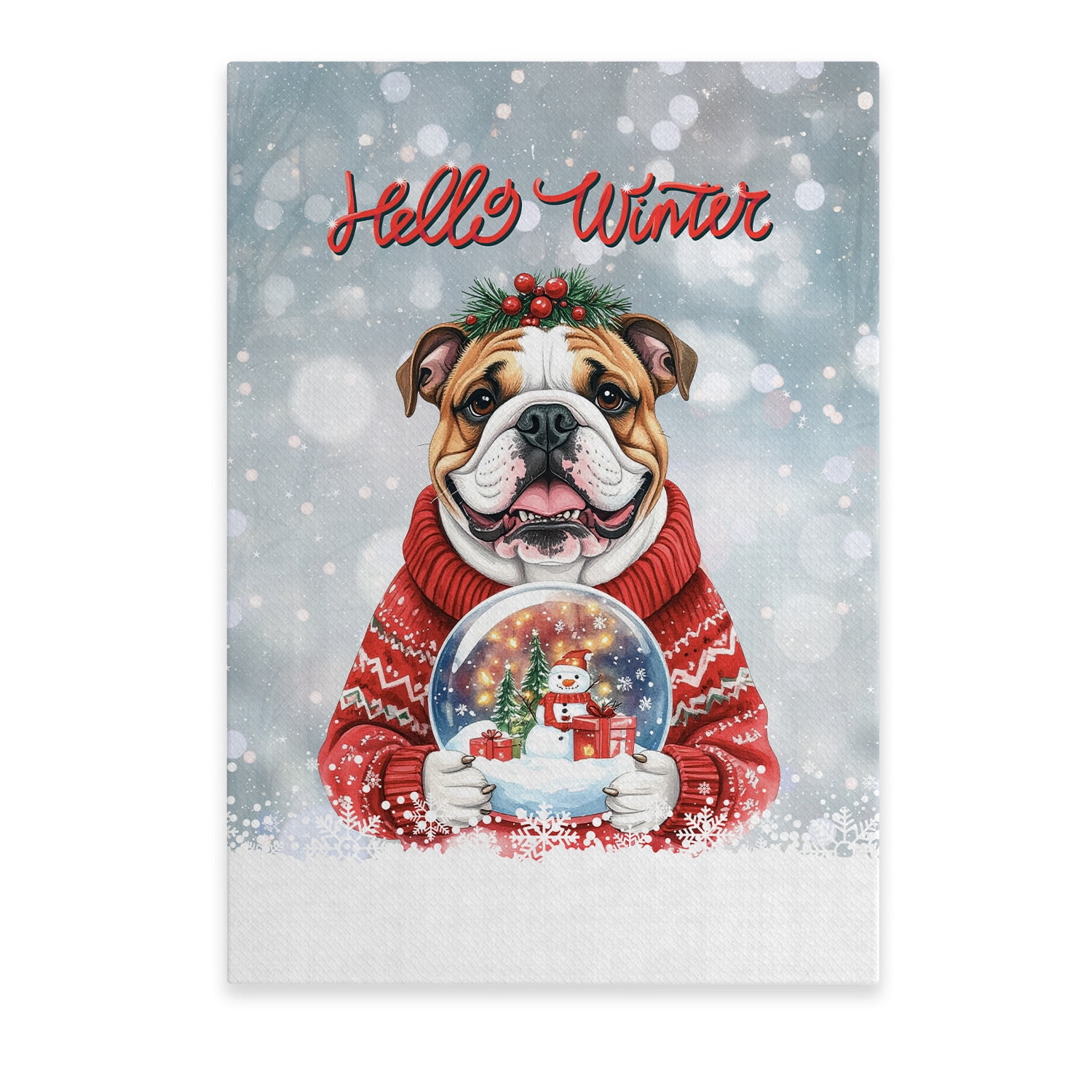 Hello Welcome Winter Bulldog Holding Snow Globe Snowman Vertical Matte ...