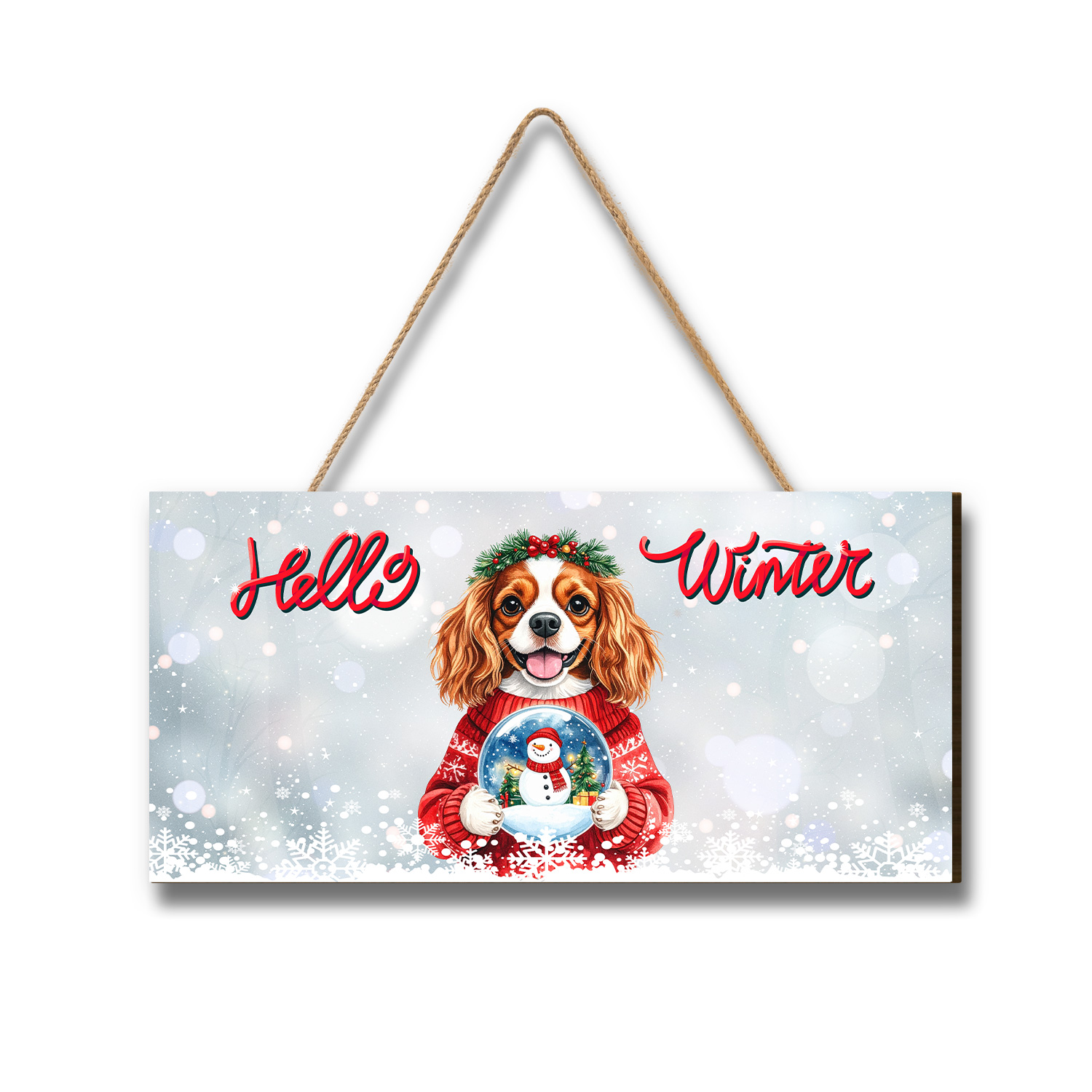 Hello Welcome Winter Cavalier King Charles Spaniel Holding Snow Globe ...