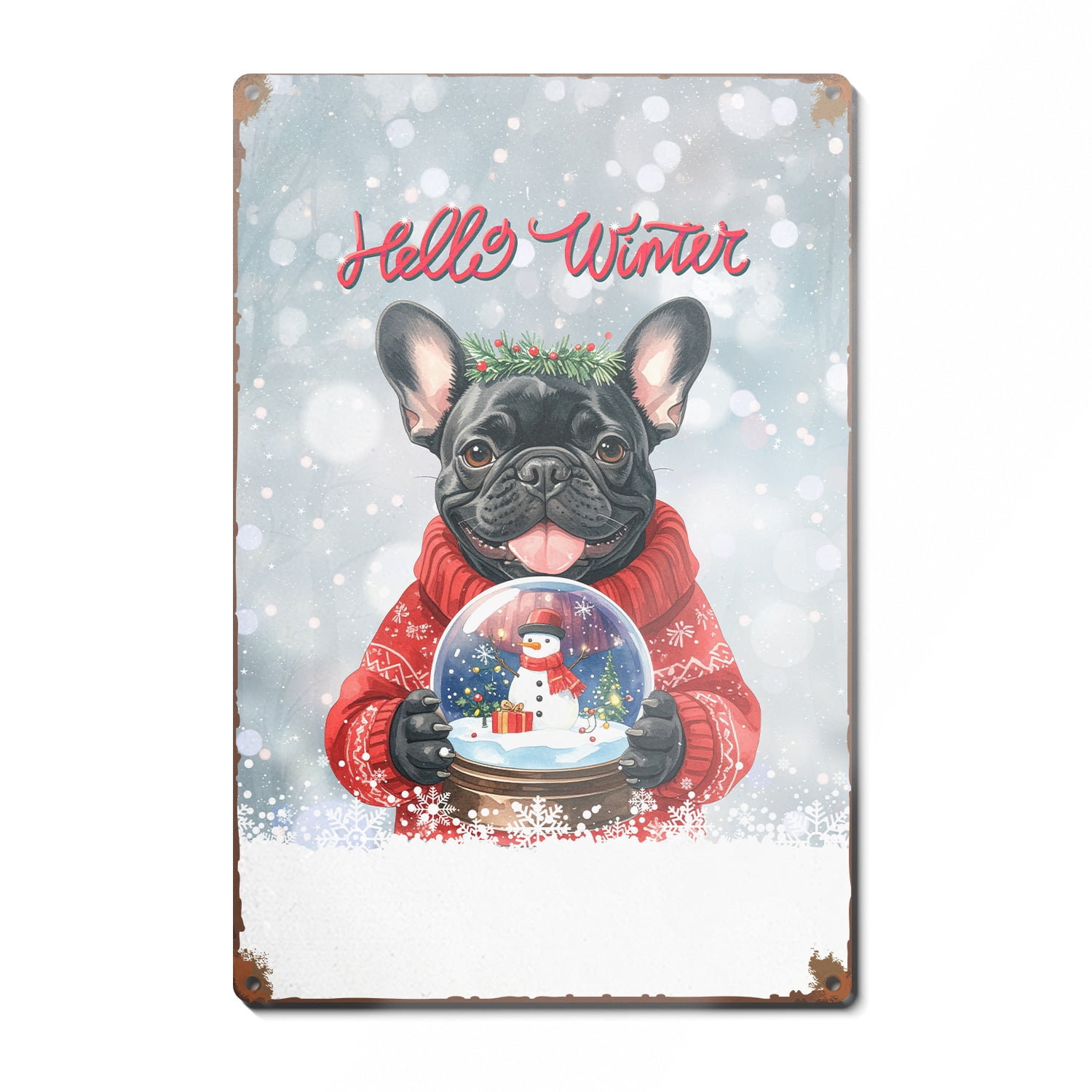 Hello Welcome Winter French Bulldog Holding Snow Globe Snowman Vertical ...