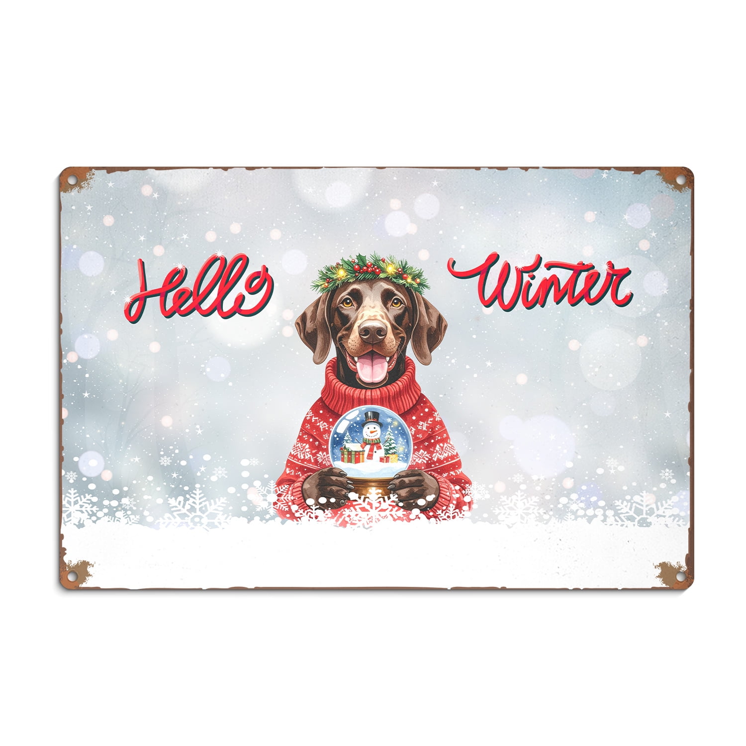 Hello Welcome Winter German Shorthaired Pointer Holding Snow Globe ...