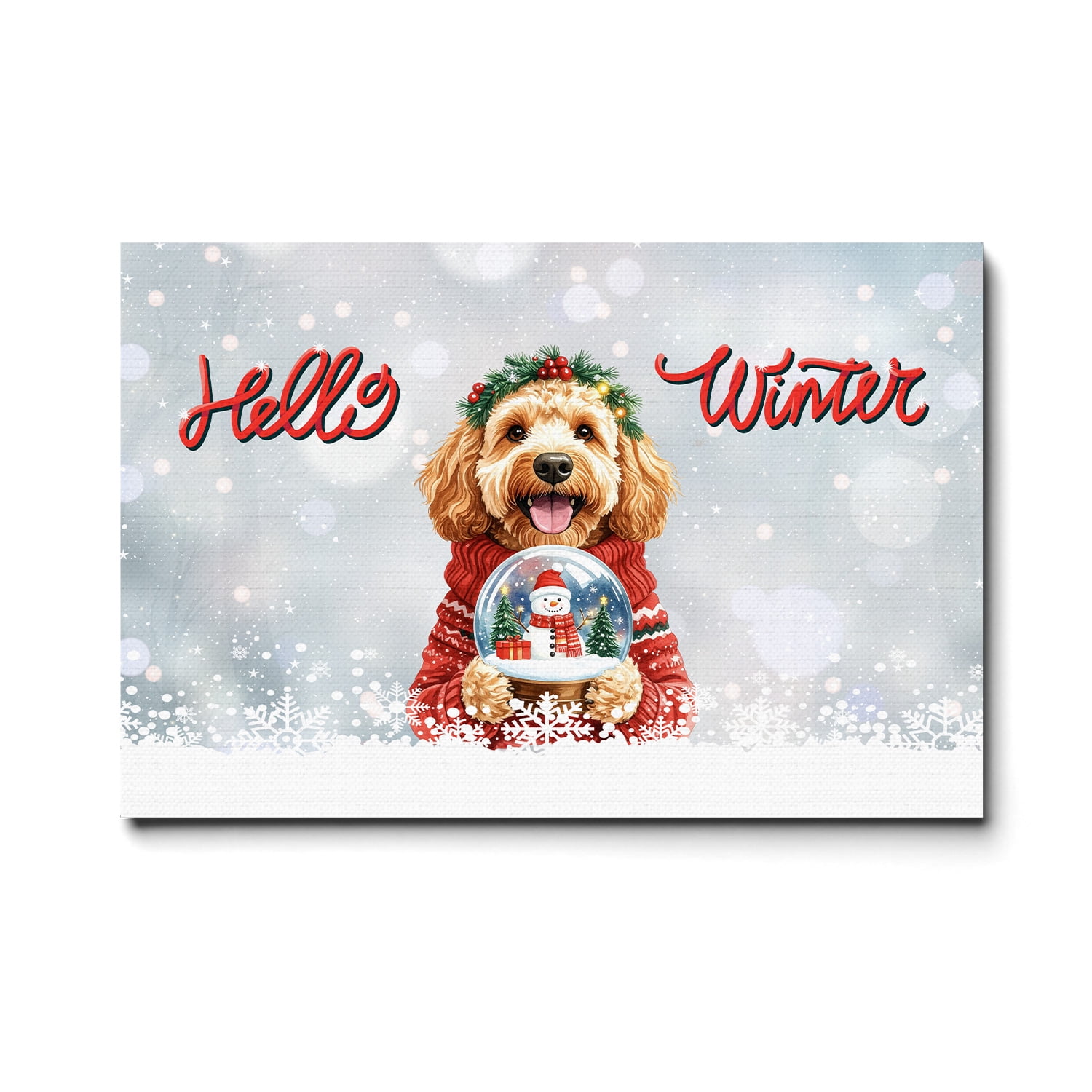 Hello Welcome Winter Goldendoodle Holding Snow Globe Snowman Horizontal ...