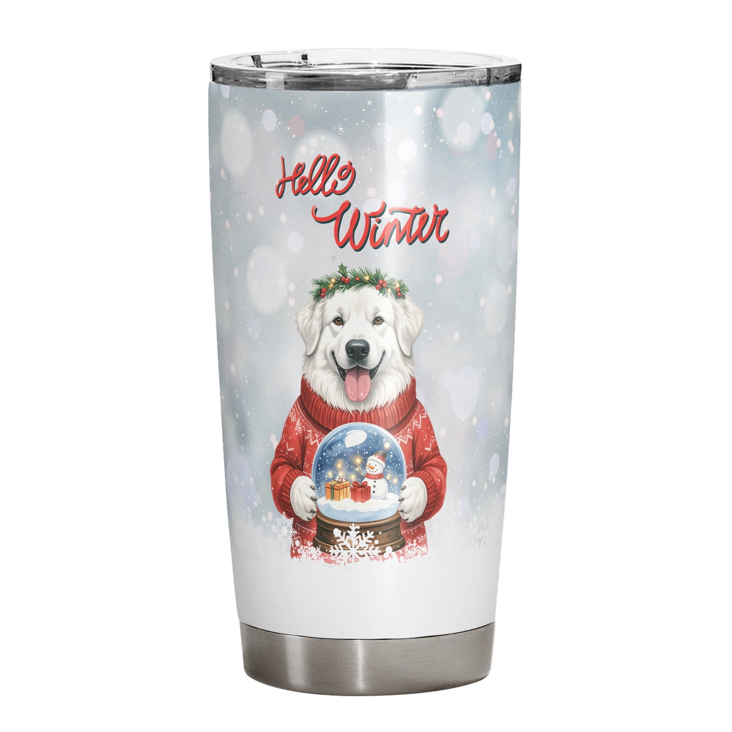 Hello Welcome Winter Great Pyrenees Holding Snow Globe Snowman 20oz ...