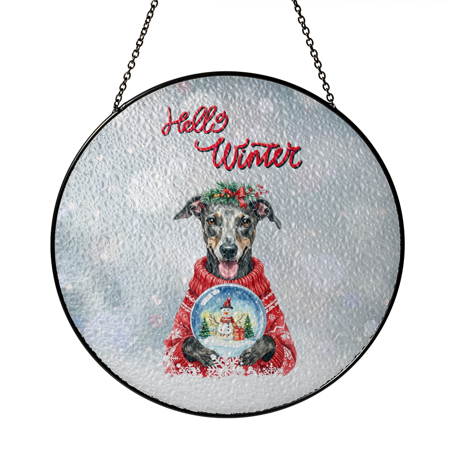 Hello Welcome Winter Italian Greyhound Holding Snow Globe Snowman ...