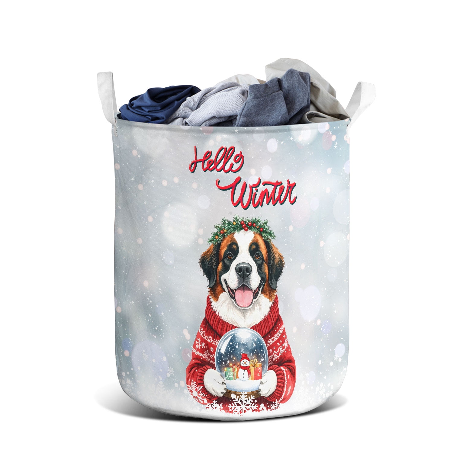 Hello Welcome Winter Saint Bernard Holding Snow Globe Snowman Foldable ...