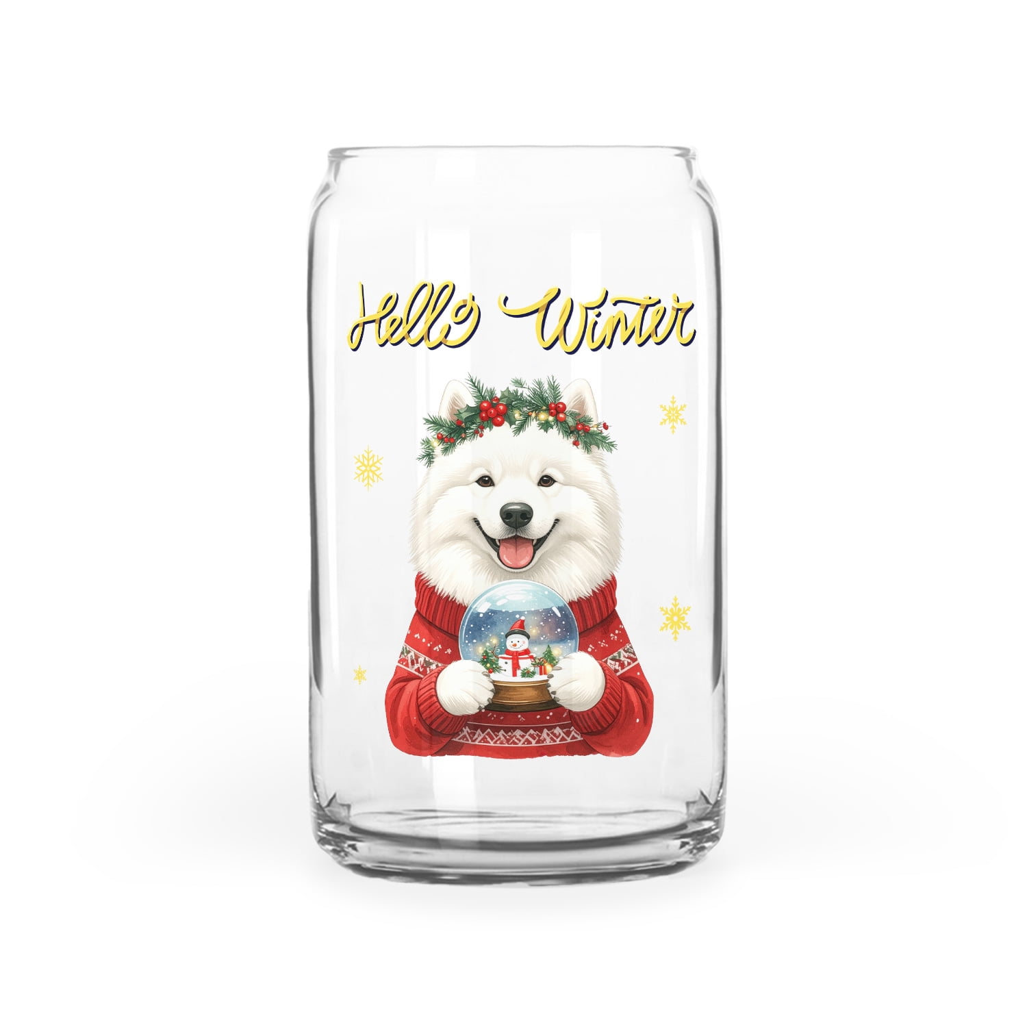 Hello Welcome Winter Samoyed Holding Snow Globe Snowman 16oz Glass Cup ...
