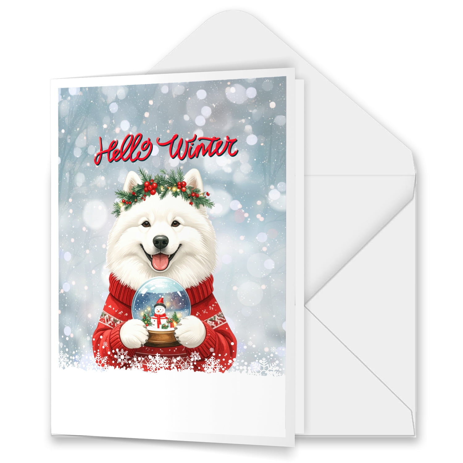 Hello Welcome Winter Samoyed Holding Snow Globe Snowman 5x7in Folded ...