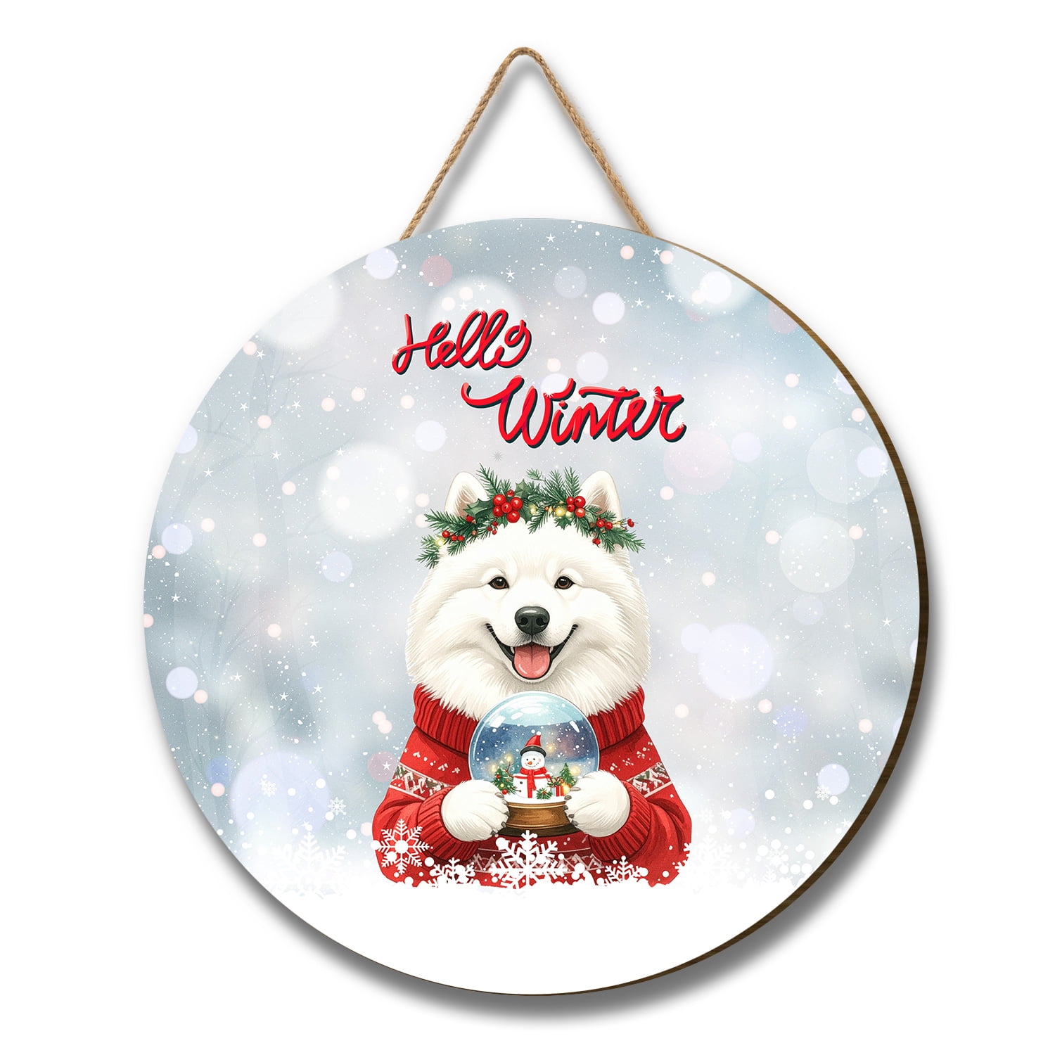 Hello Welcome Winter Samoyed Holding Snow Globe Snowman Round Wood Sign ...