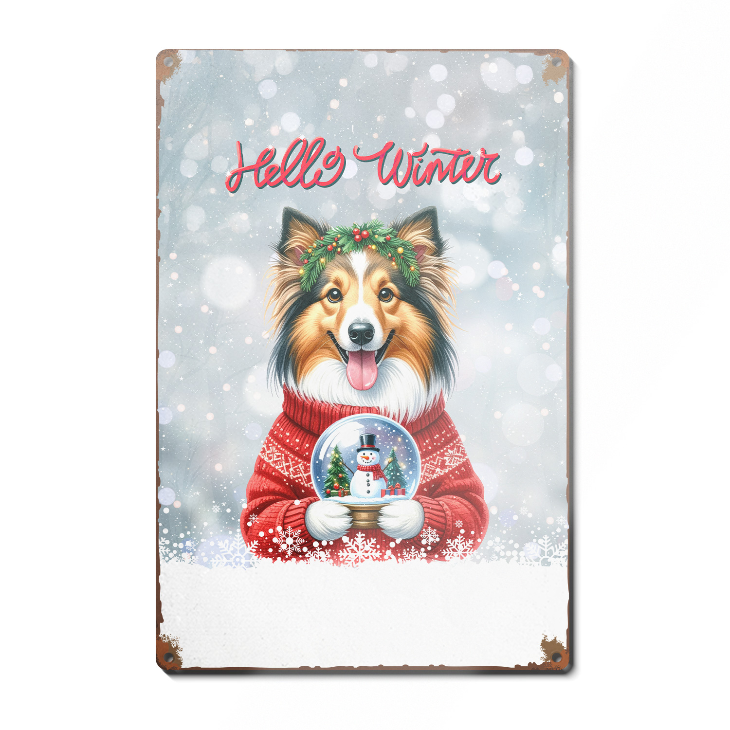 Hello Welcome Winter Shetland Sheepdog Holding Snow Globe Snowman ...