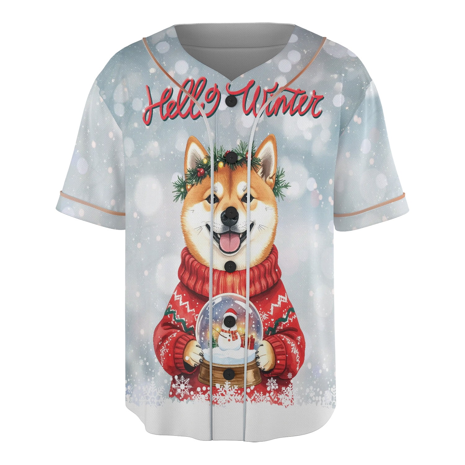 Hello Welcome Winter Shiba Inu Holding Snow Globe Snowman All Over ...