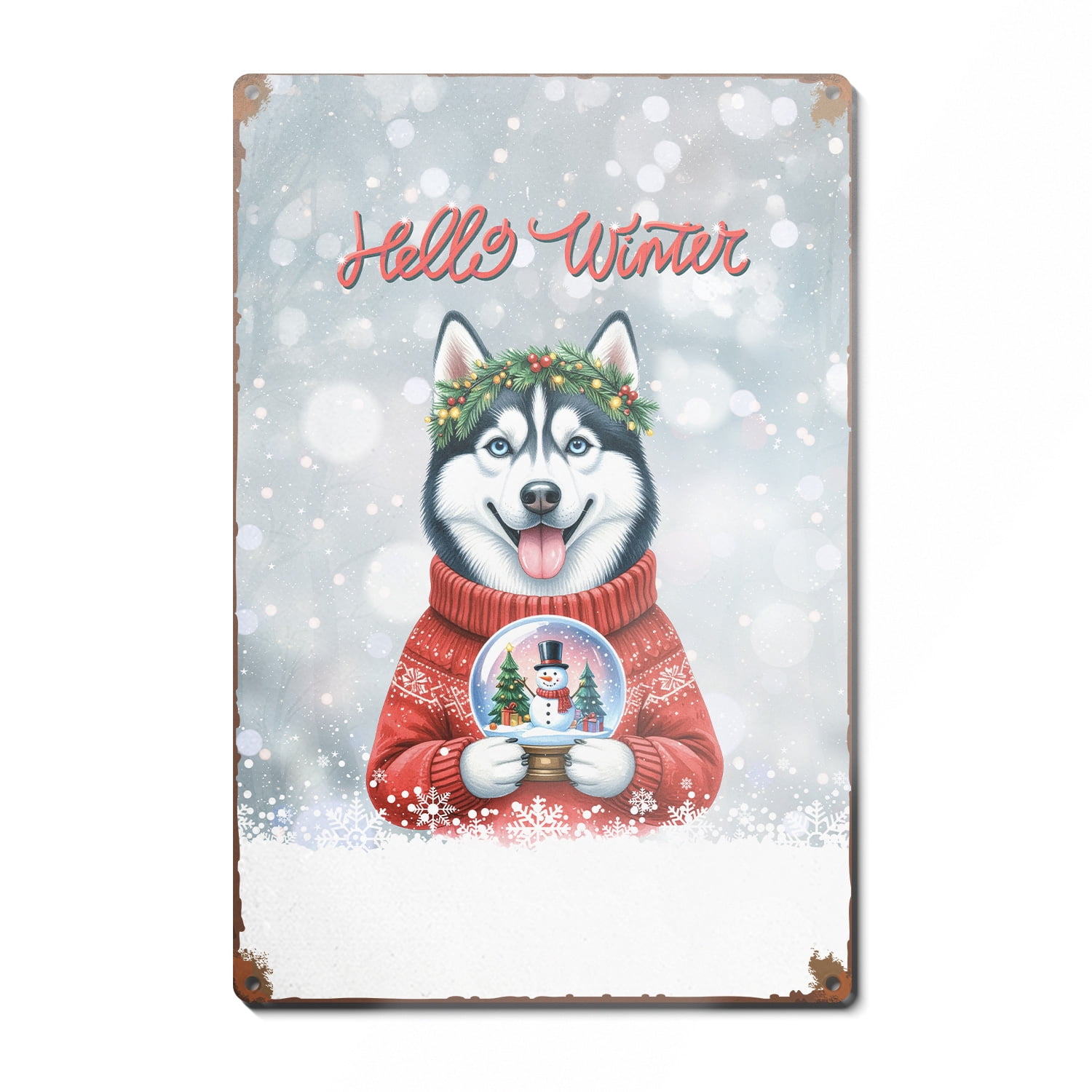 Hello Welcome Winter Siberian Husky Holding Snow Globe Snowman Vertical ...