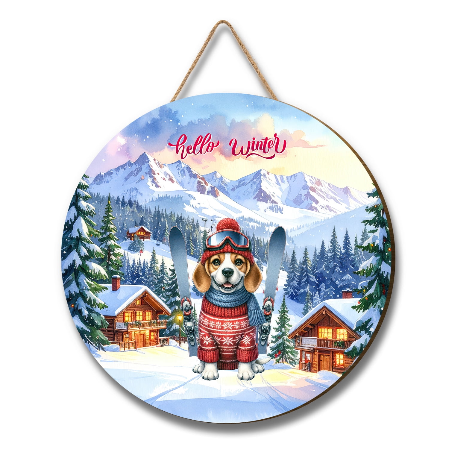Hello Welcome Winter The Ski Beagle Snowy Day Round Wood Sign Beagles ...