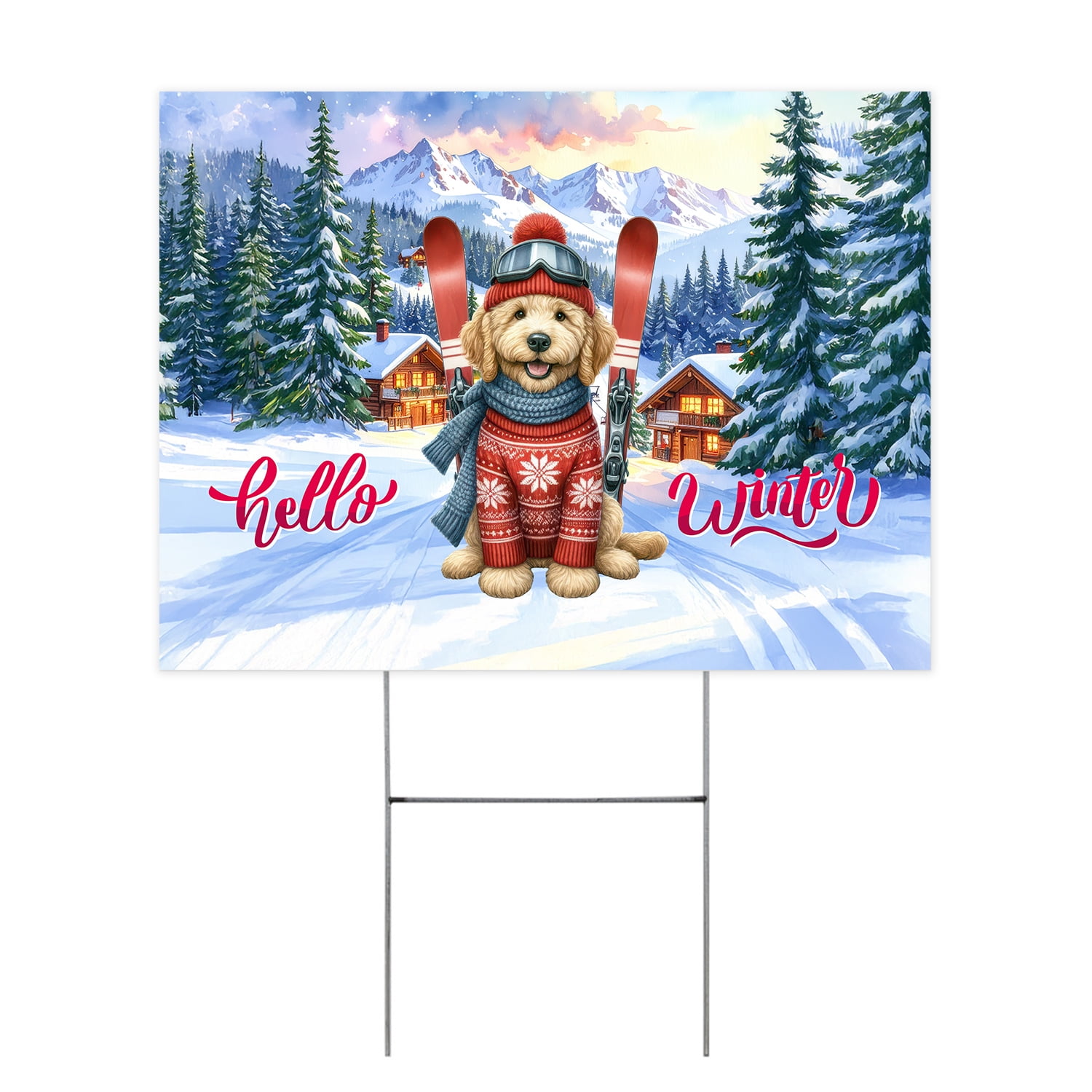 Hello Welcome Winter The Ski Goldendoodle Snowy Day Yard Sign Doodle ...