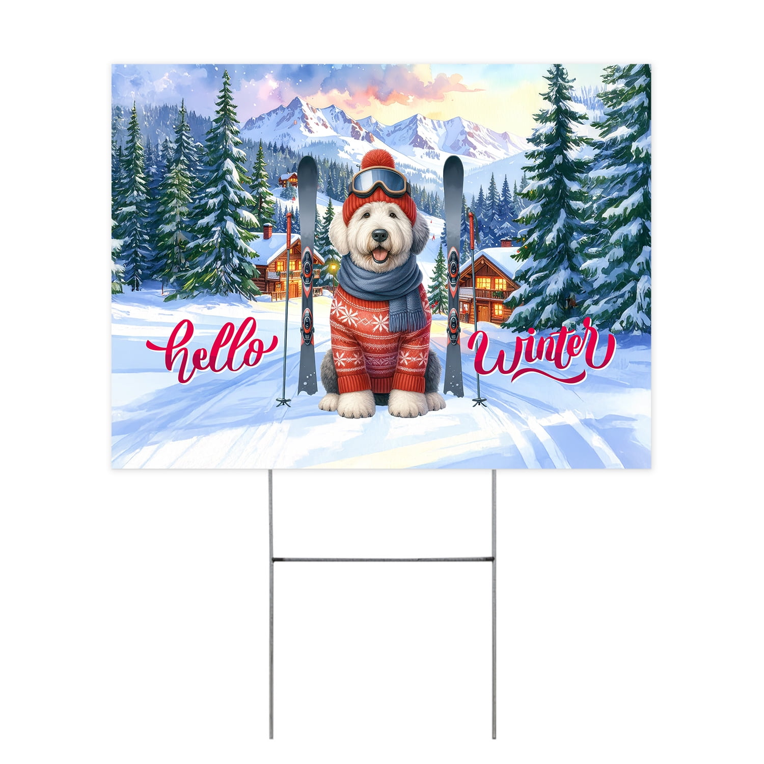 Hello Welcome Winter The Ski Old English Sheepdog Snowy Day Yard Sign ...