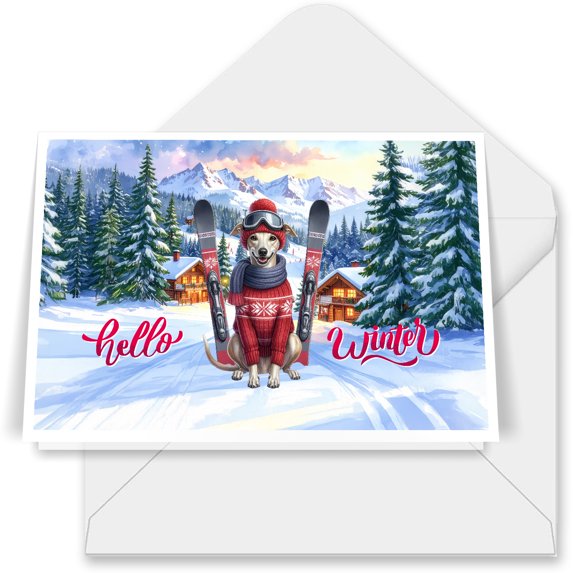 Hello Welcome Winter The Ski Whippet Snowy Day 7x5in Folded Greeting ...