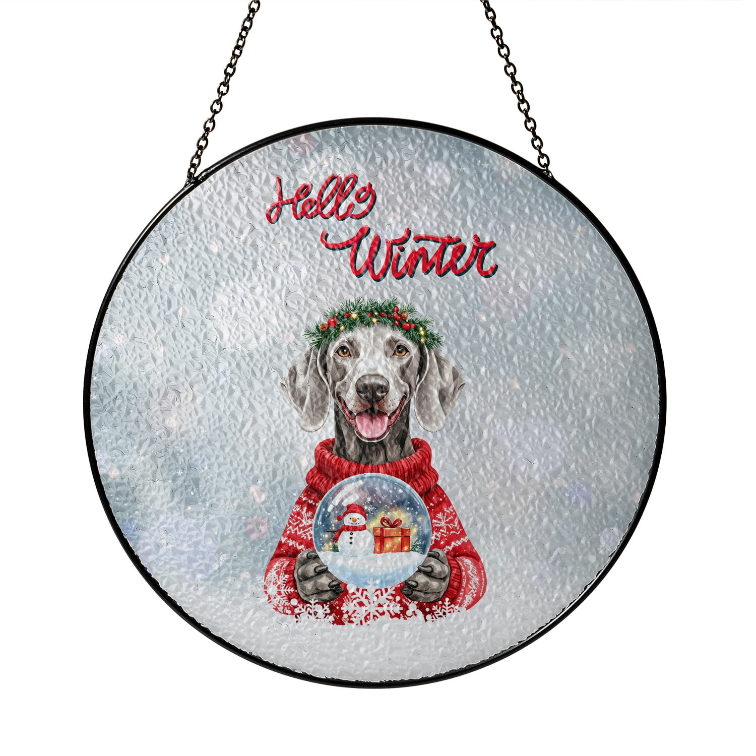 Hello Welcome Winter Weimaraner Holding Snow Globe Snowman Stained ...
