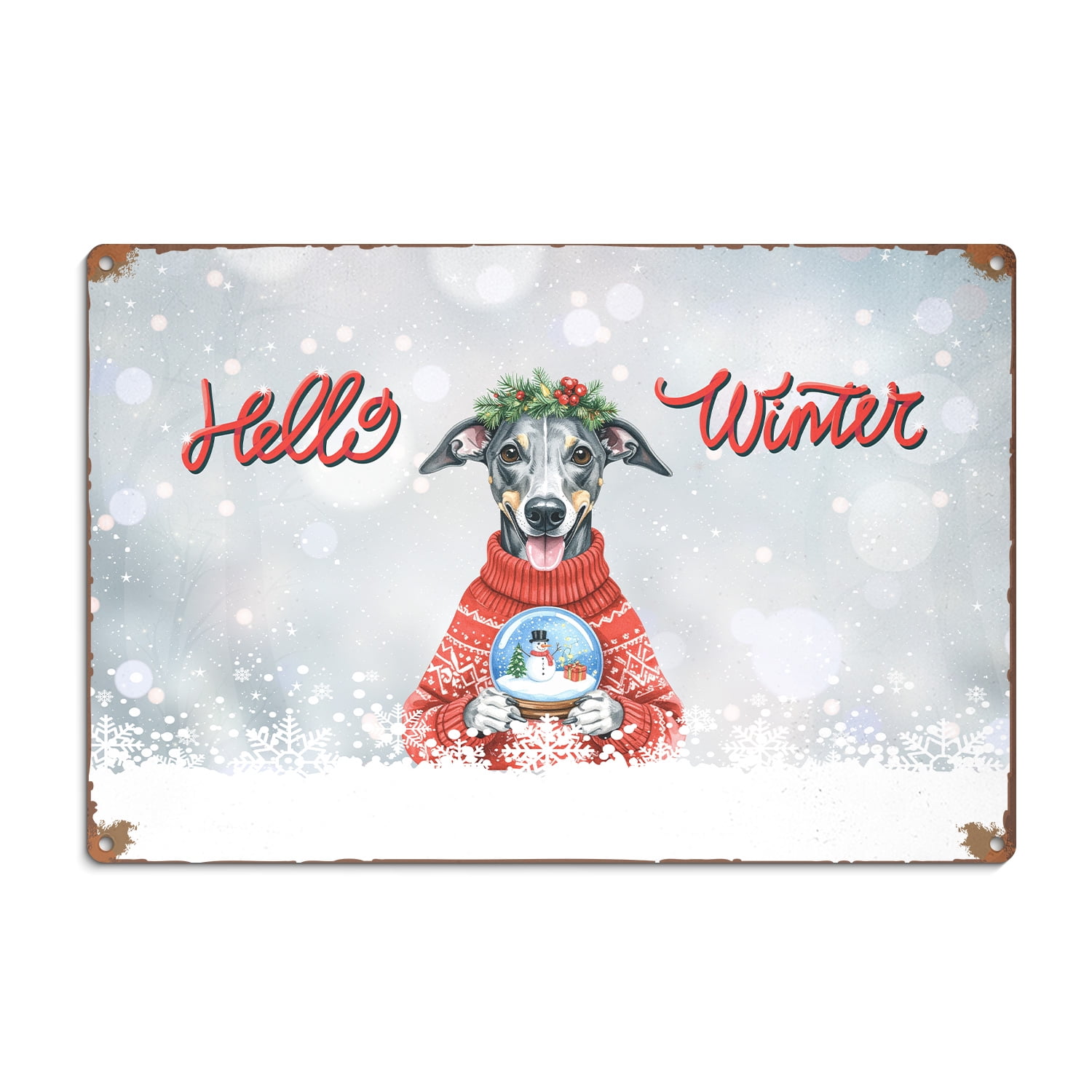 Hello Welcome Winter Whippet Holding Snow Globe Snowman Horizontal ...