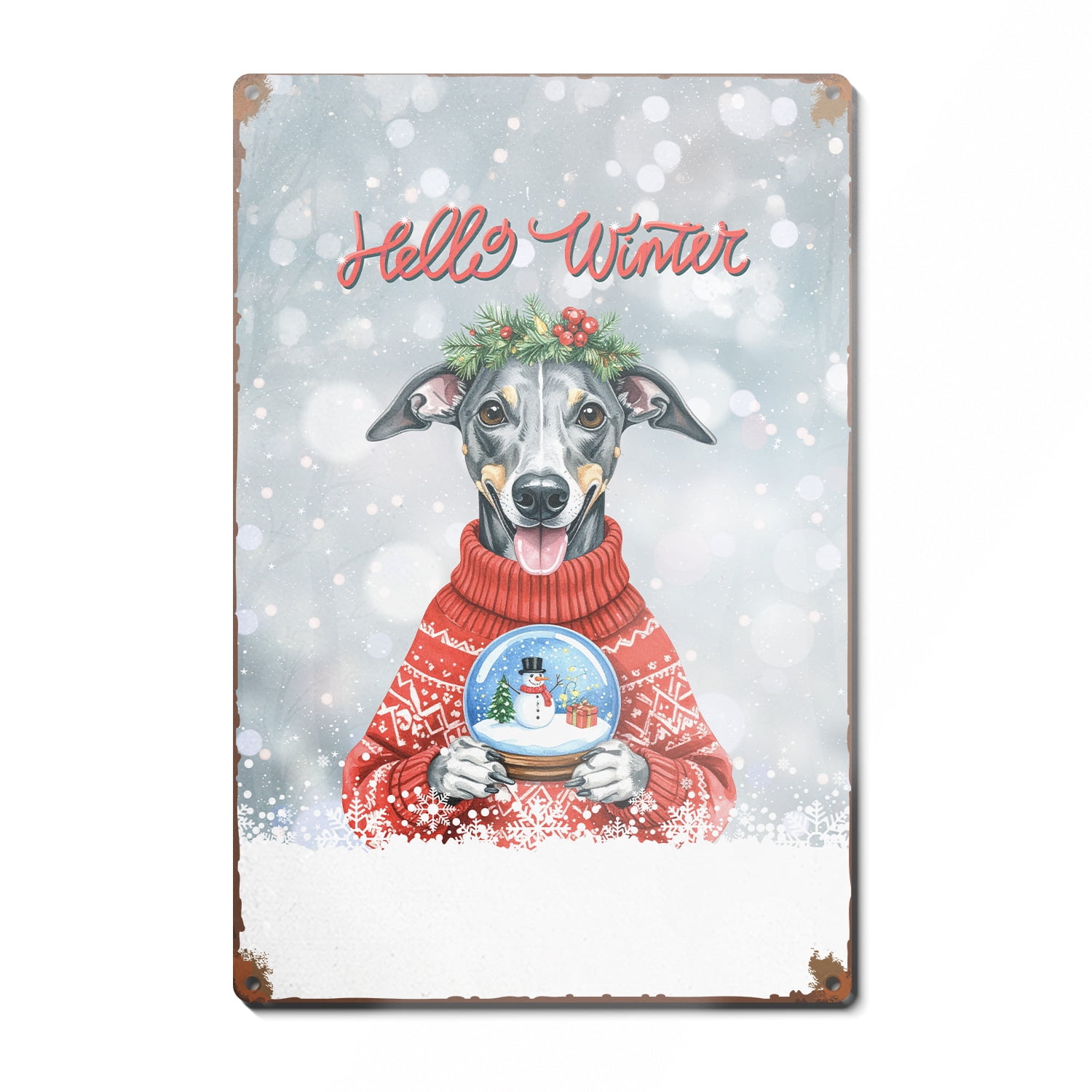 Hello Welcome Winter Whippet Holding Snow Globe Snowman Vertical Metal ...