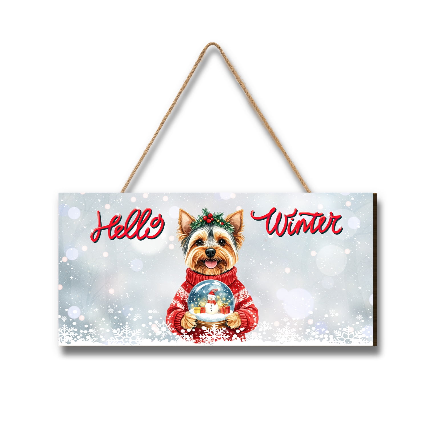 Hello Welcome Winter Yorkshire Terrier Holding Snow Globe Snowman ...