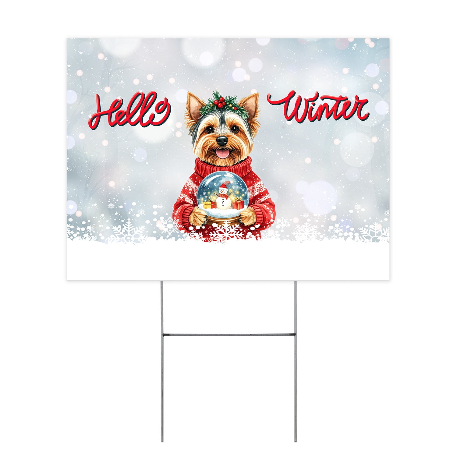 Hello Welcome Winter Yorkshire Terrier Holding Snow Globe Snowman Yard ...
