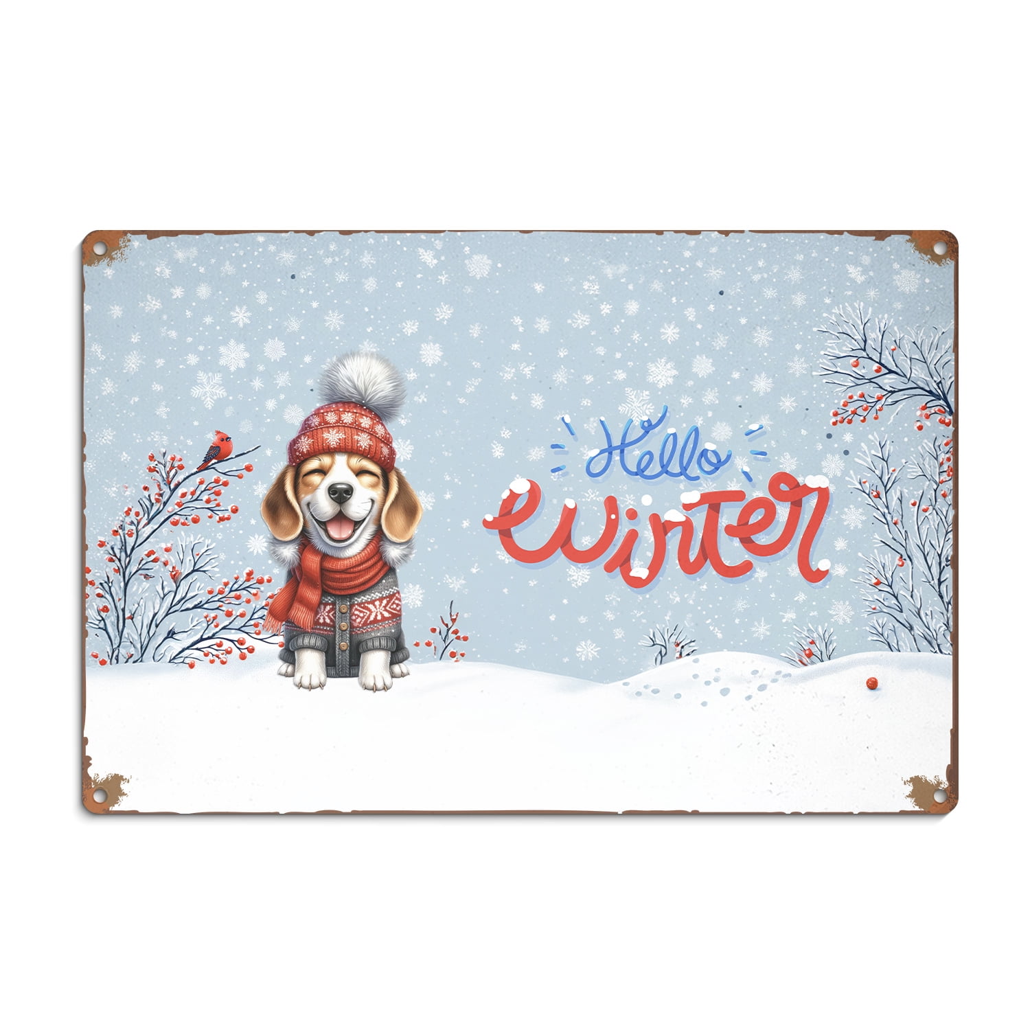Hello Winter Beagle Smiling in Red Scarf Hat Welcome Christmas ...