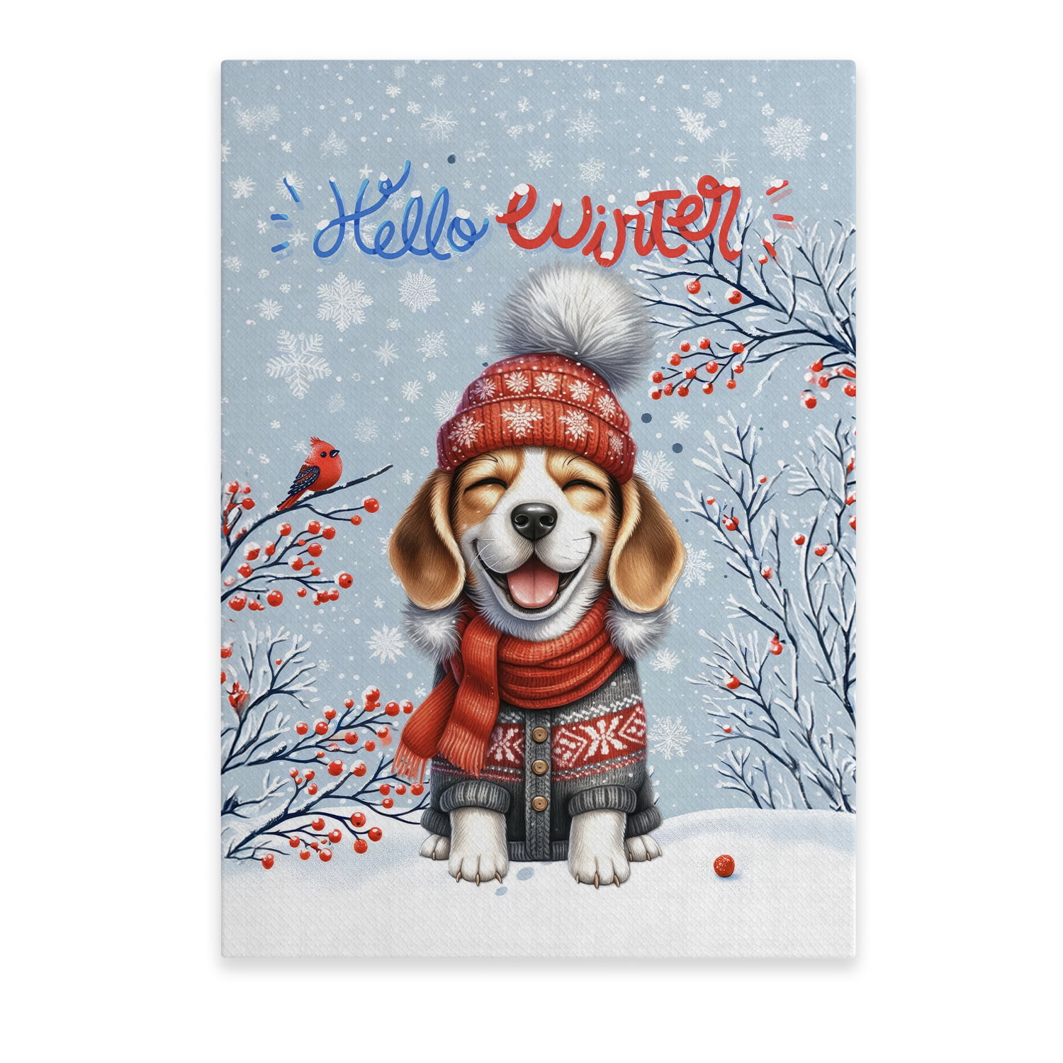 Hello Winter Beagle Smiling in Red Scarf Hat Welcome Christmas Vertical ...