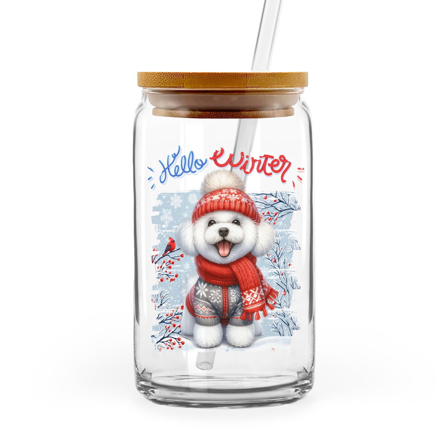 Hello Winter Bichon Frise Smiling in Red Scarf Hat Welcome Christmas ...