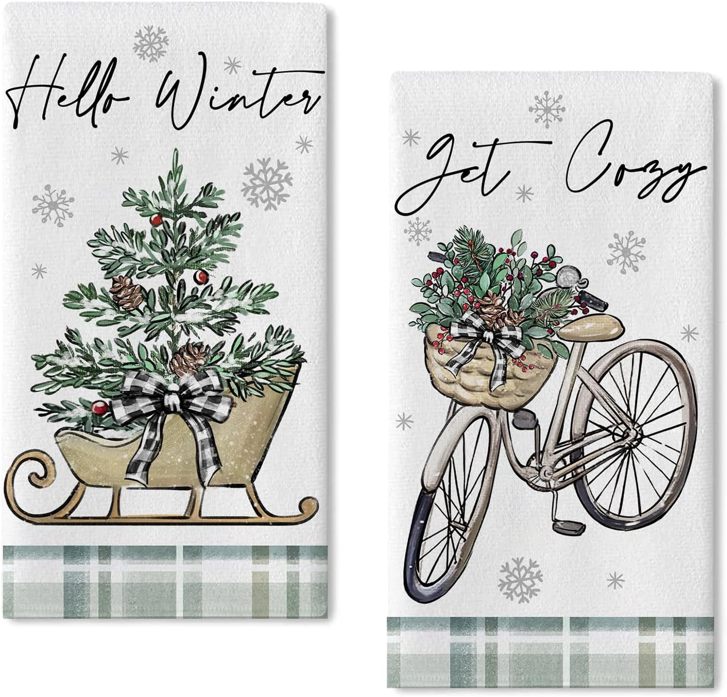 Hello Winter Bike Sleigh Kitchen Dish Towels Set of 2, Get Cozy Bicycle Christmas Tree Berry ...