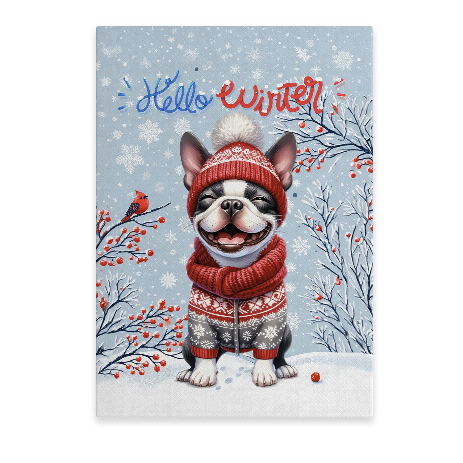 Hello Winter Boston Terrier Smiling in Red Scarf Hat Welcome Christmas ...