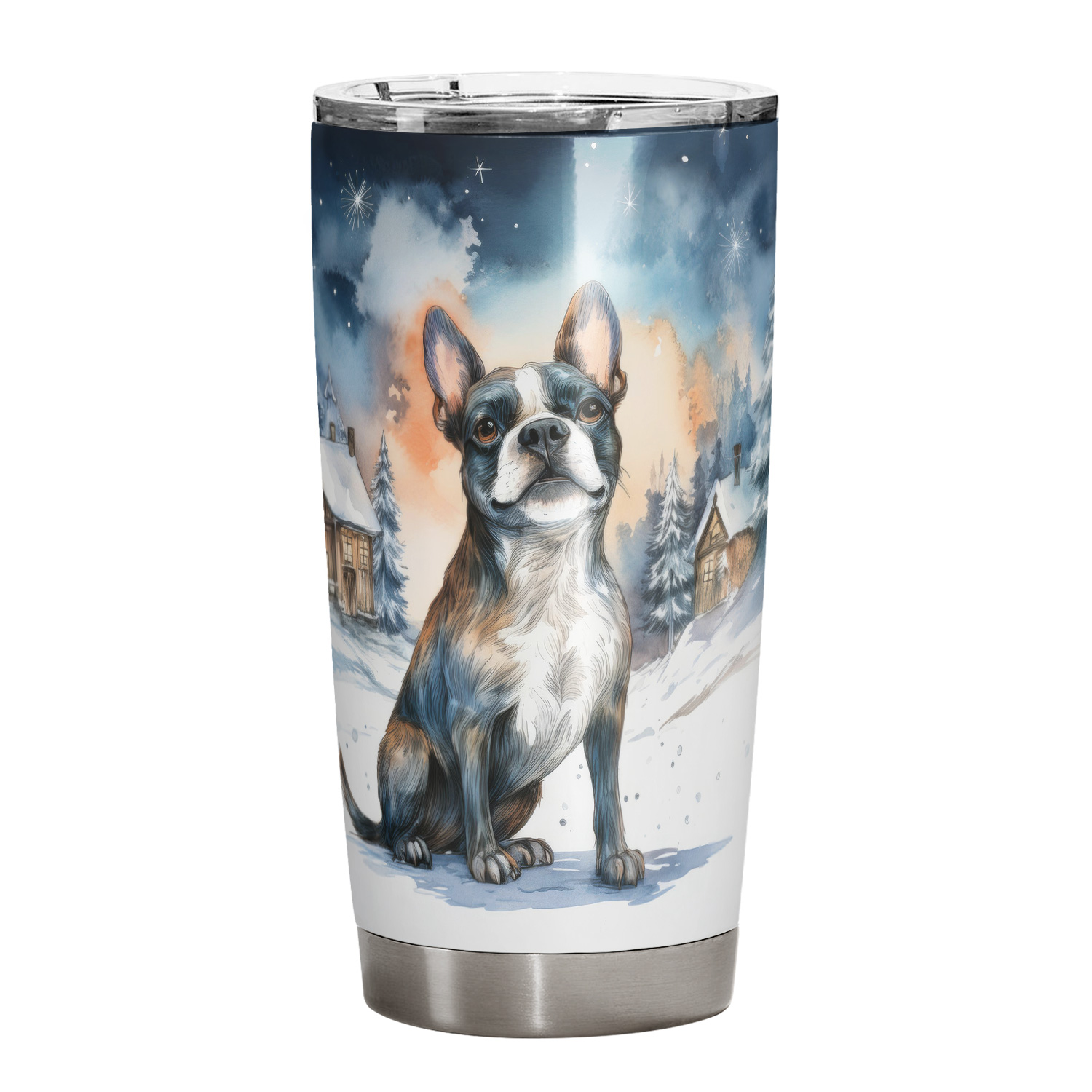 Hello Winter Boston Terrier Welcome Snowy Night Watercolor Vintage 20oz ...