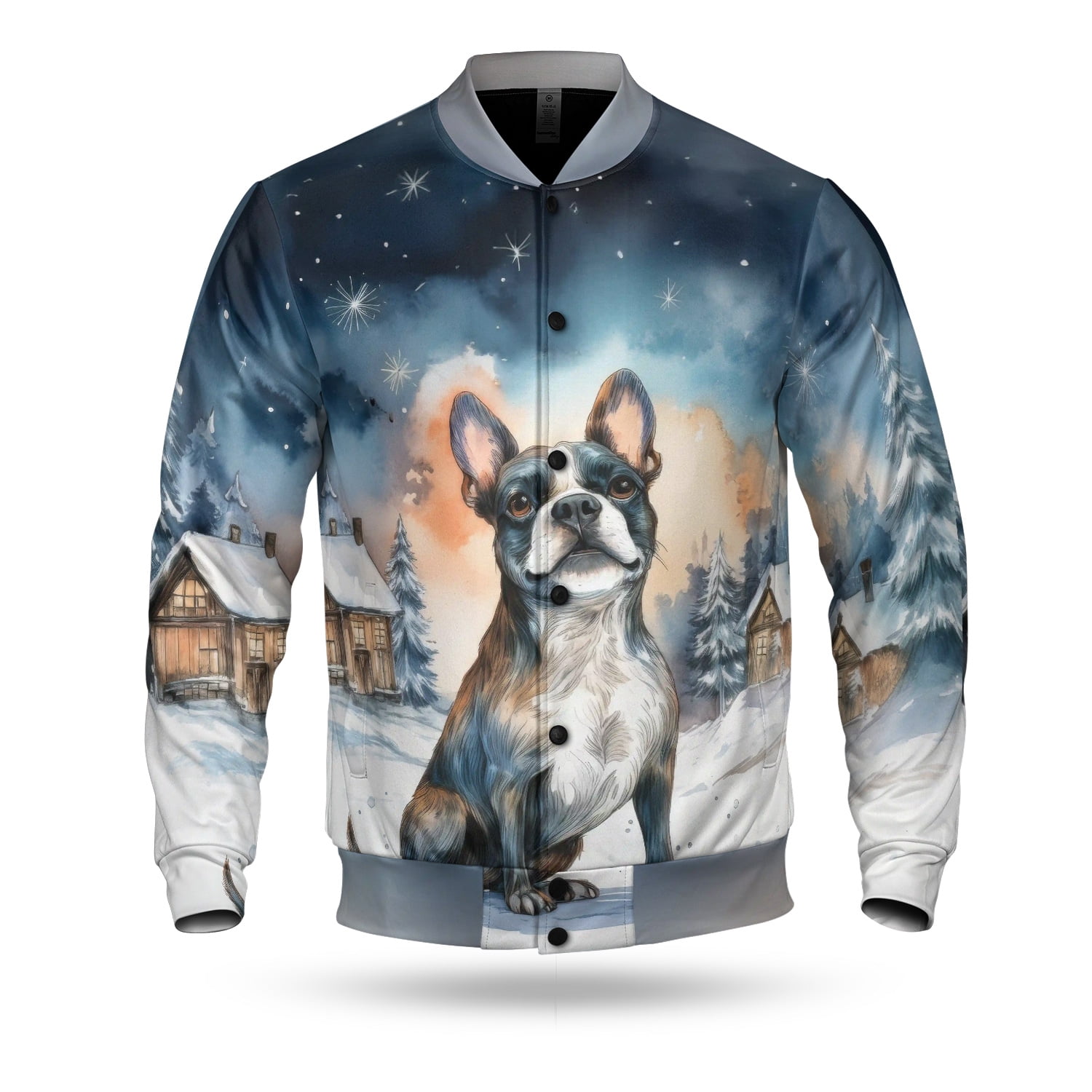 Hello Winter Boston Terrier Welcome Snowy Night Watercolor Vintage All ...