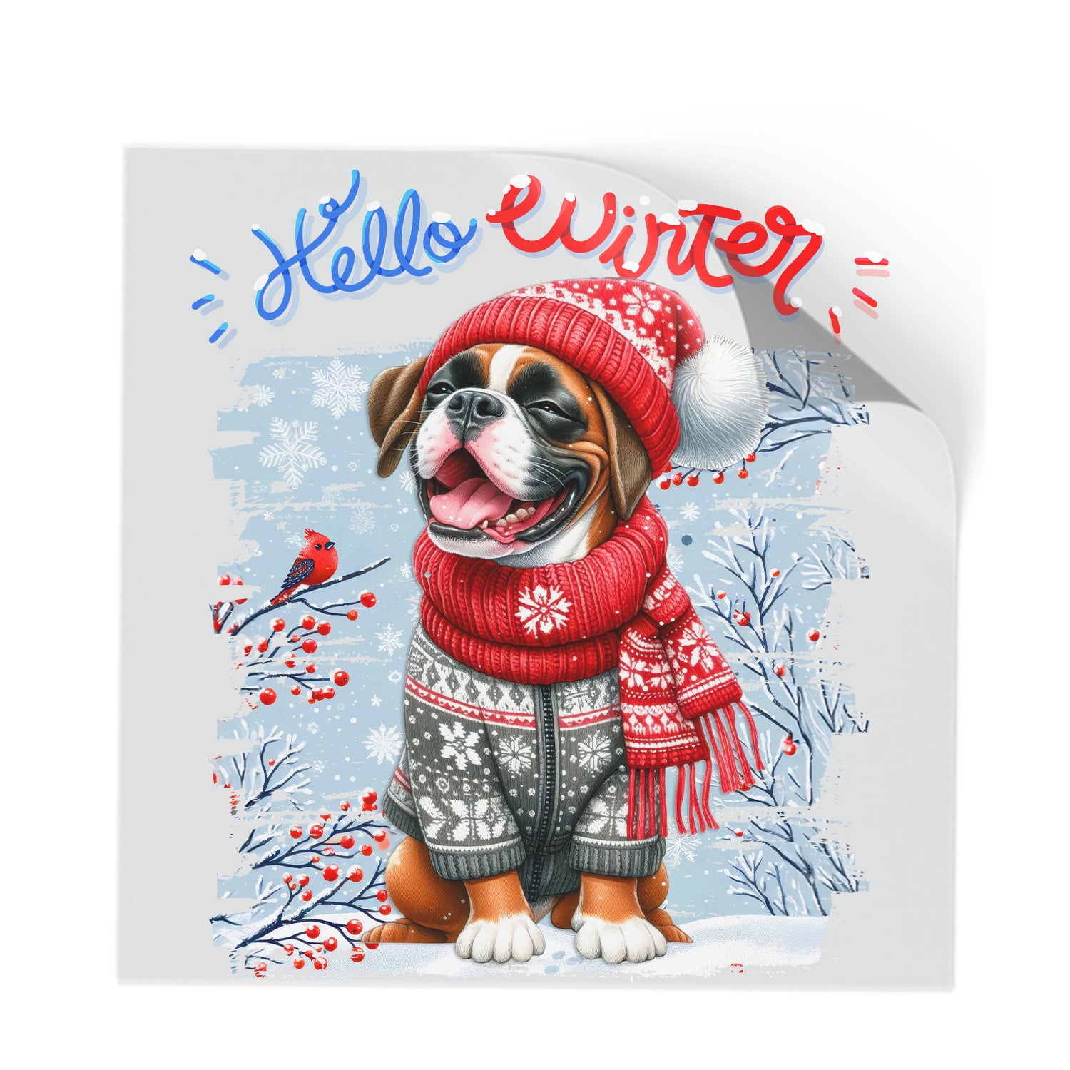 Hello Winter Boxer Smiling in Red Scarf Hat Welcome Christmas Cutout ...
