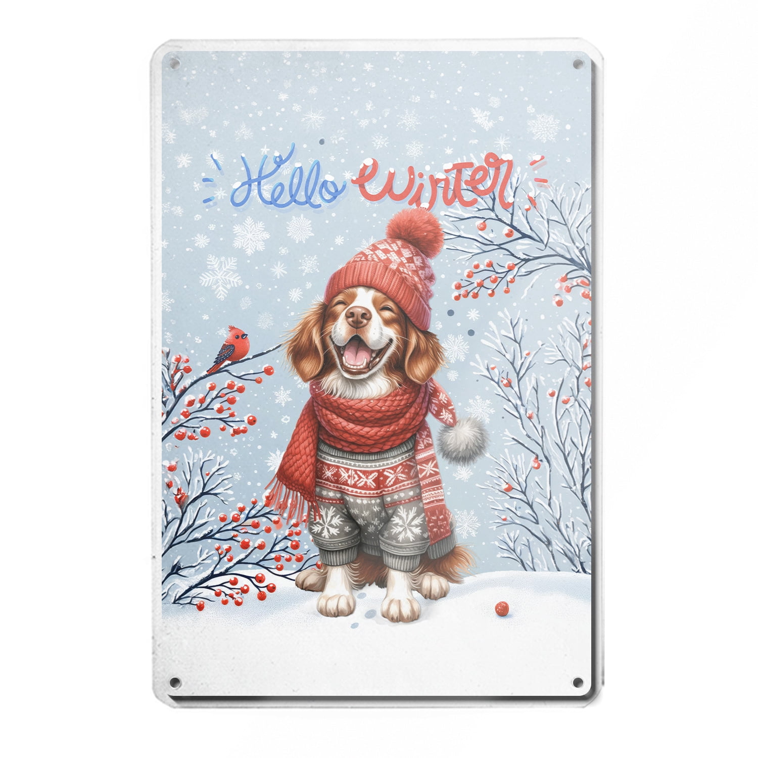 Hello Winter Brittany Spaniel Smiling in Red Scarf Hat Welcome ...