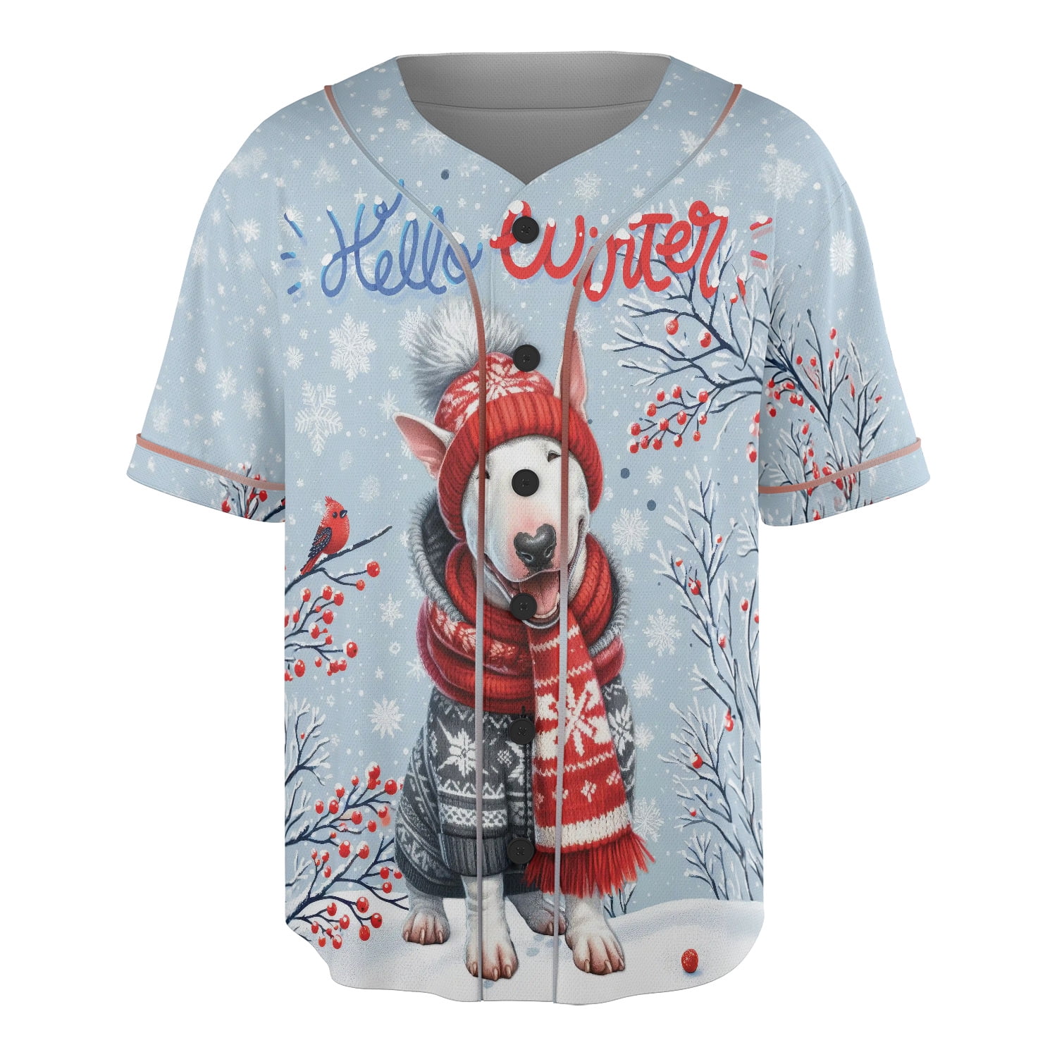 Hello Winter Bull Terrier Smiling in Red Scarf Hat Welcome Christmas ...