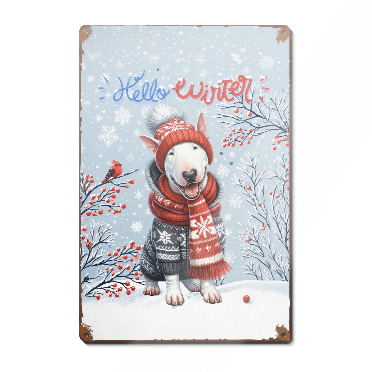 Hello Winter Bull Terrier Smiling in Red Scarf Hat Welcome Christmas ...