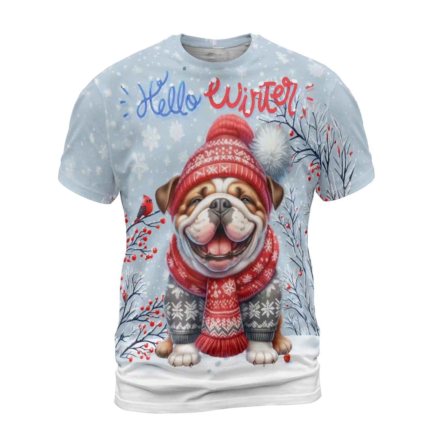 Hello Winter Bulldog Smiling in Red Scarf Hat Welcome Christmas All ...
