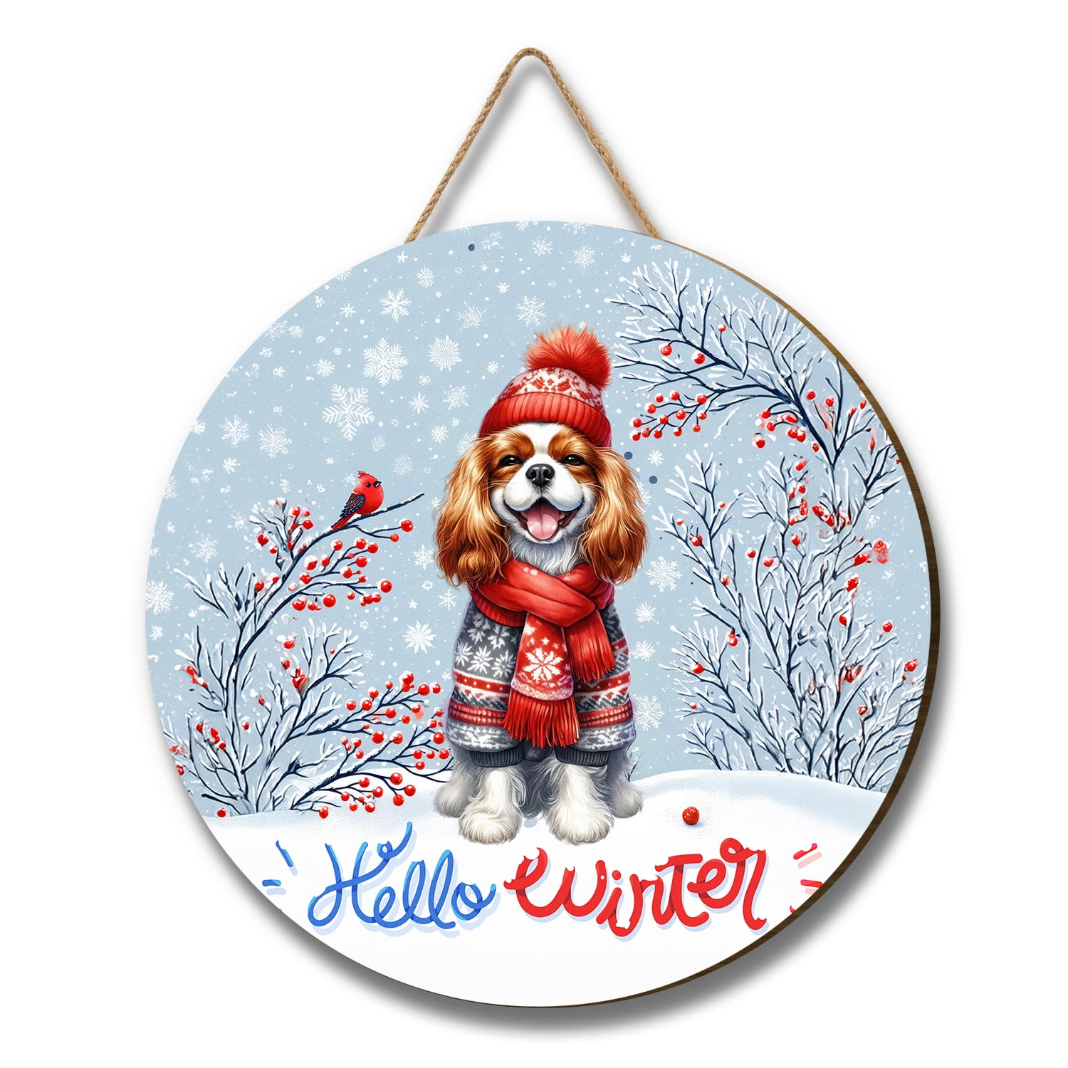 Hello Winter Cavalier King Charles Spaniel Smiling in Red Scarf Hat ...