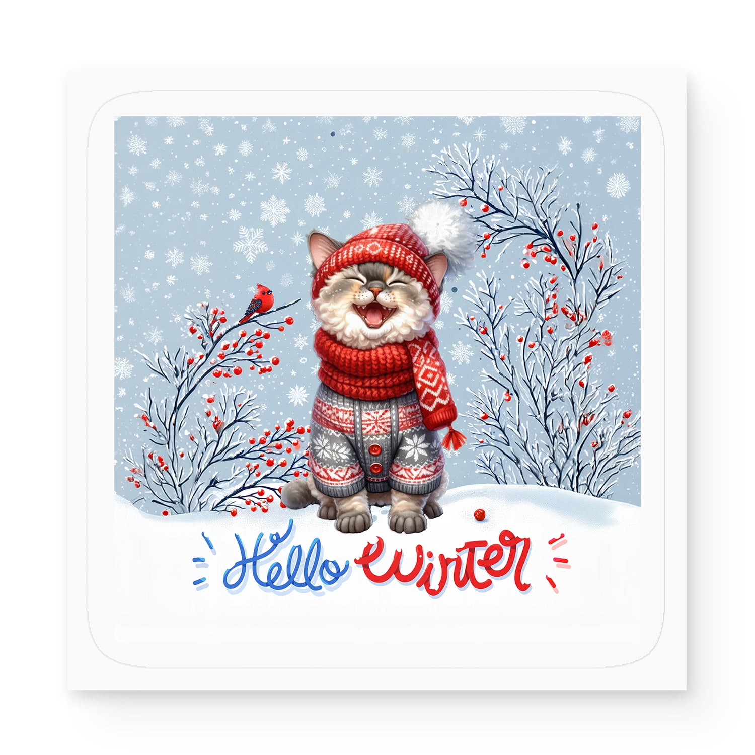Hello Winter Devon Rex Smiling in Red Scarf Hat Welcome Christmas Vinyl ...