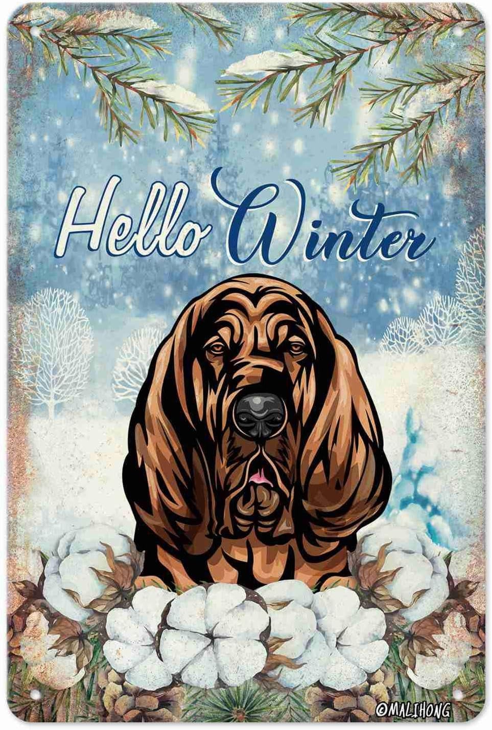 Hello Winter Dog Metal Sign Bloodhound Dog Cotton Plants Winter Snow ...