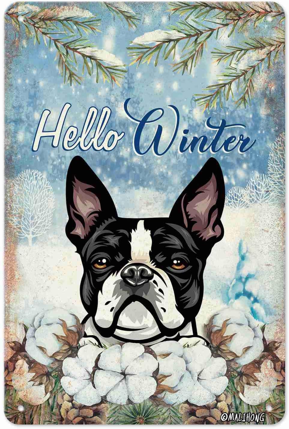 Hello Winter Dog Metal Sign Boston Terrier Dog Cotton Plants Winter ...