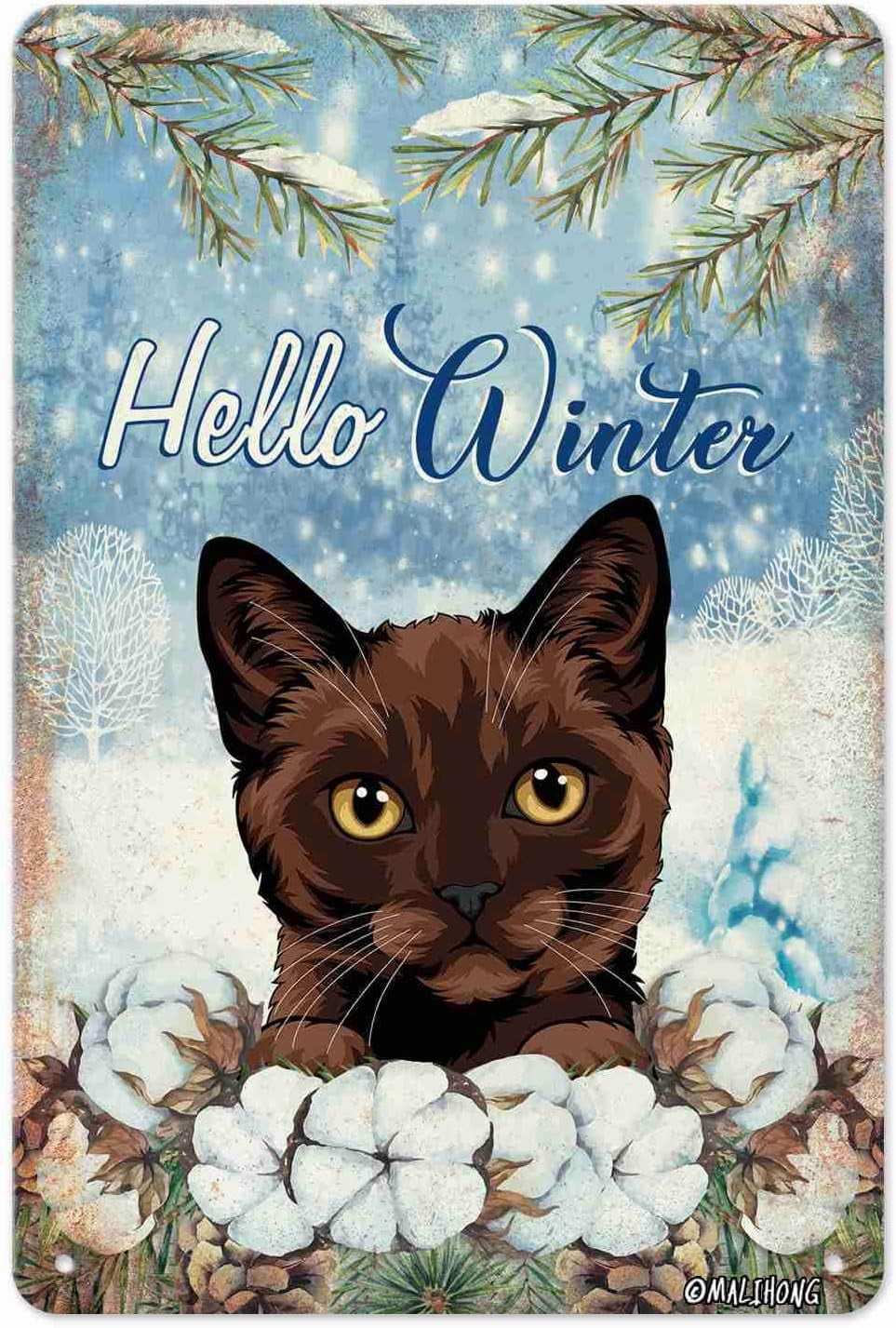 Hello Winter Dog Metal Sign Burmese Cat Cotton Plants Winter Snow Metal ...