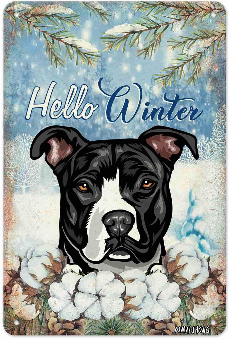 Hello Winter Dog Metal Sign Happy Pit Bull Pet Dog Cotton Metal Tin ...