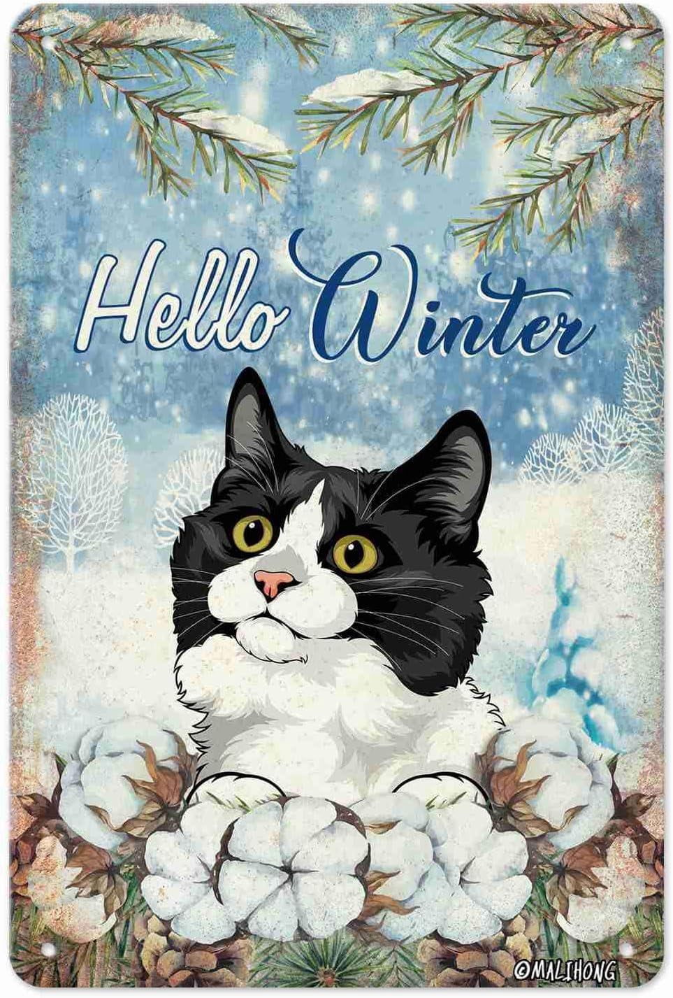 Hello Winter Dog Metal Sign Munchkin Cat Cotton Plants Winter Snow ...