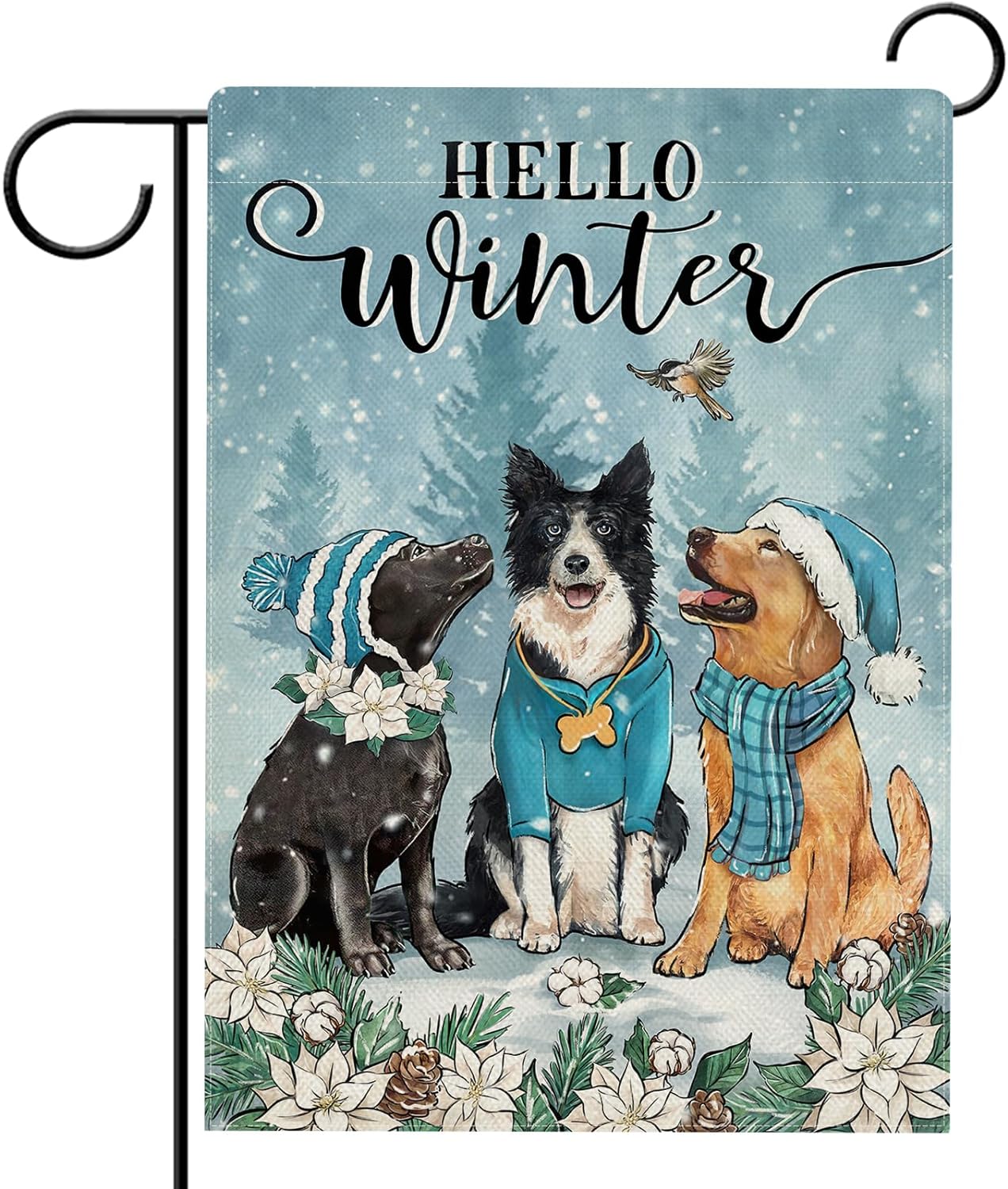 Hello Winter Dogs Poinsettia Garden Flag, Golden Retriever Puppy Floral ...