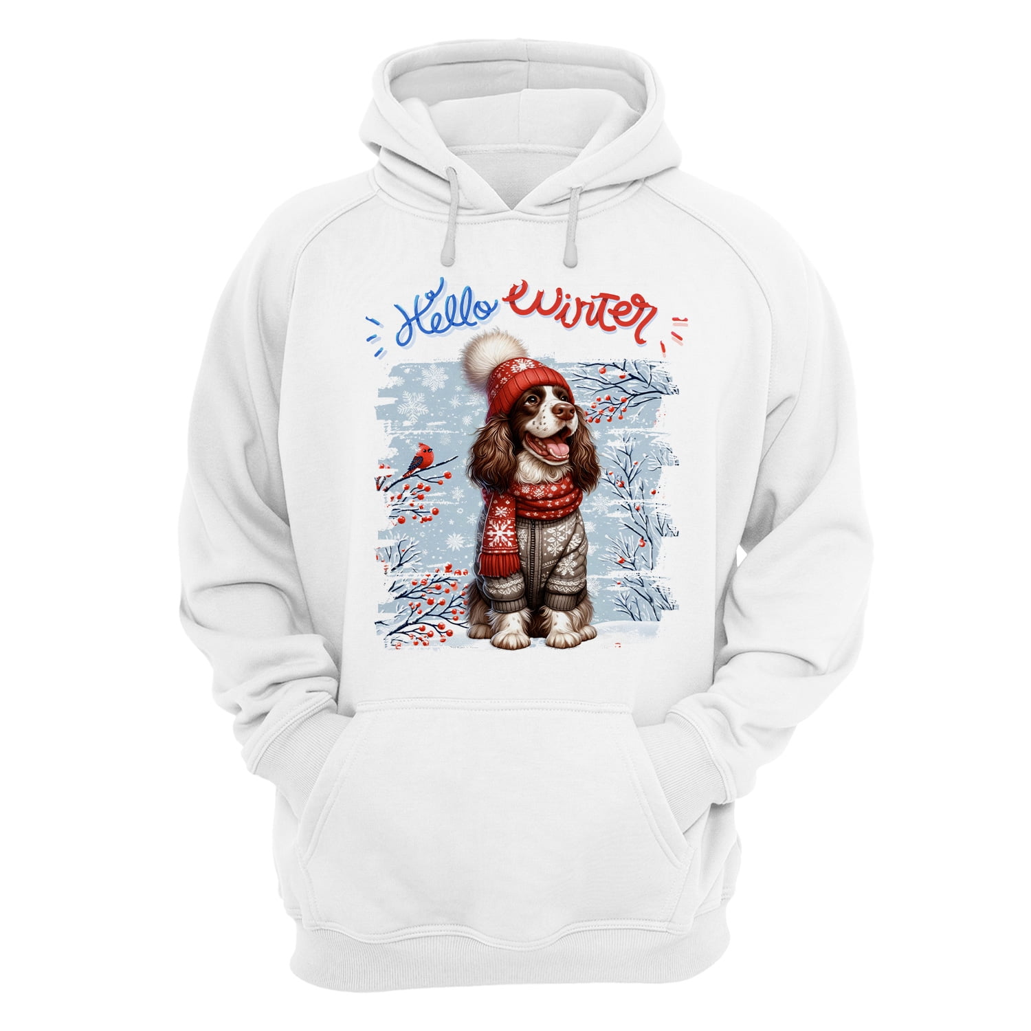 Hello Winter English Springer Spaniel Smiling in Red Scarf Hat Welcome ...