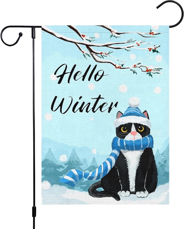 Hello Winter Garden Flag Black Cat Blue Scarf Snowy Small Decorative ...