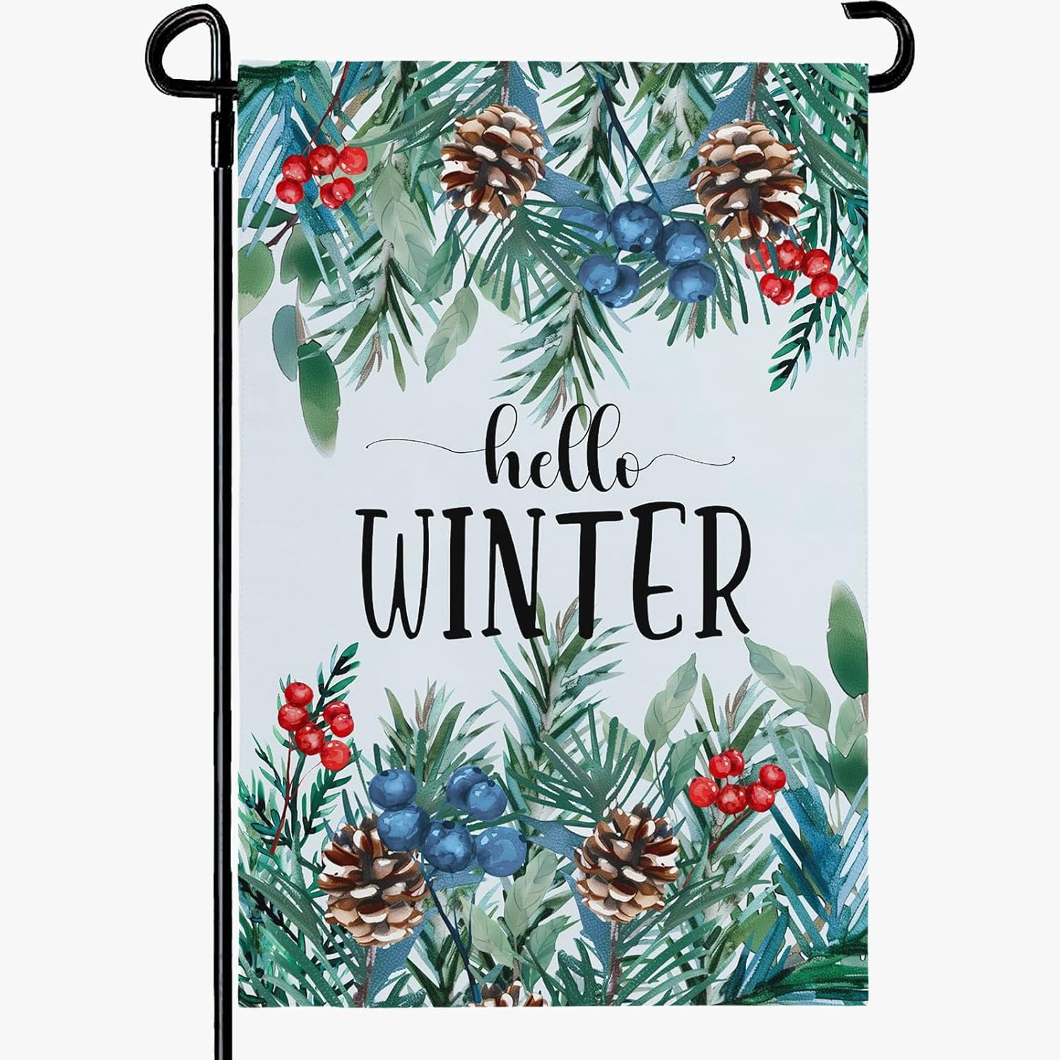 Hello Winter Garden Flag Holly Red Berries Burlap Yard Flags Vertical ...