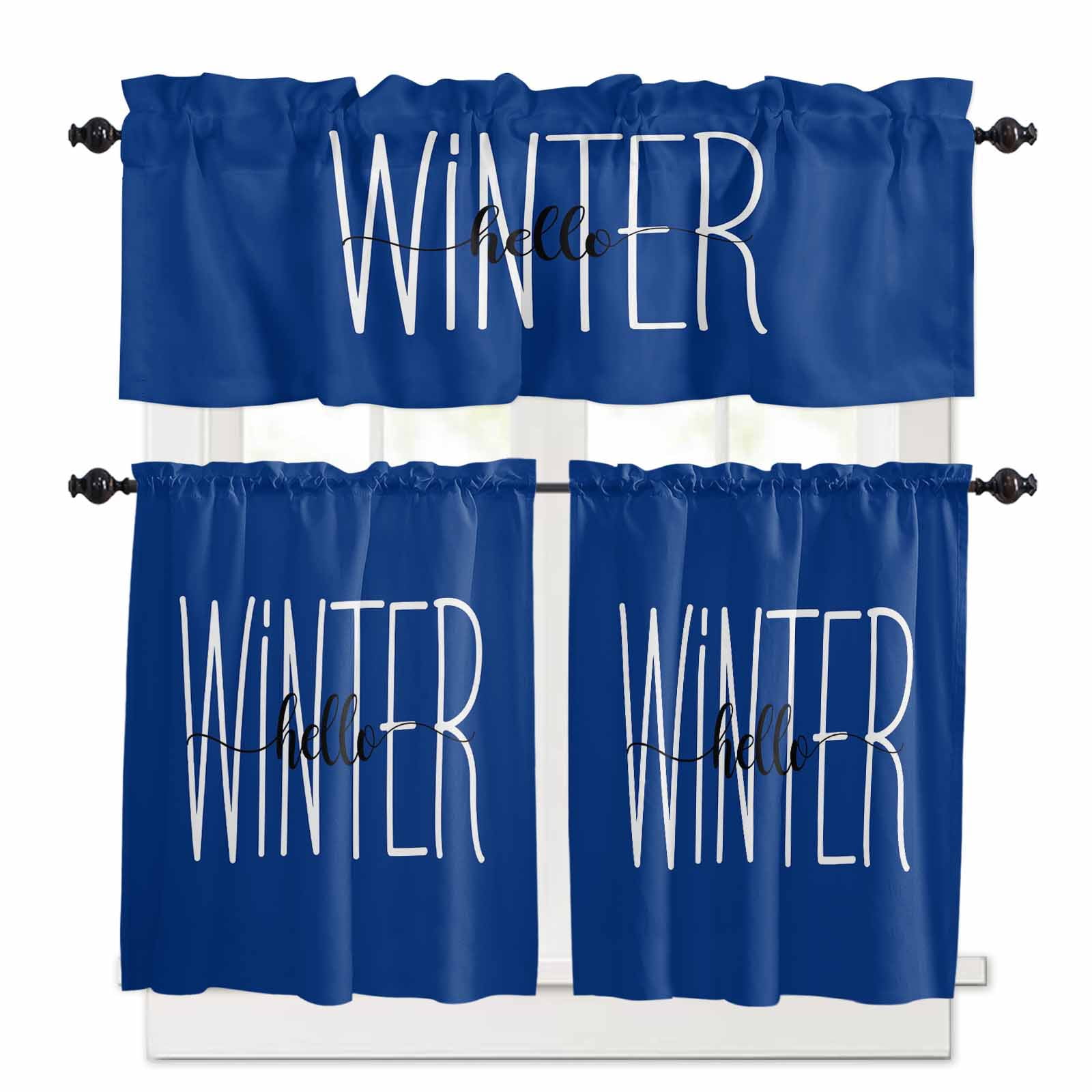 Hello Winter Kitchen Curtains Valances and Tiers Set of 3 Blue White ...