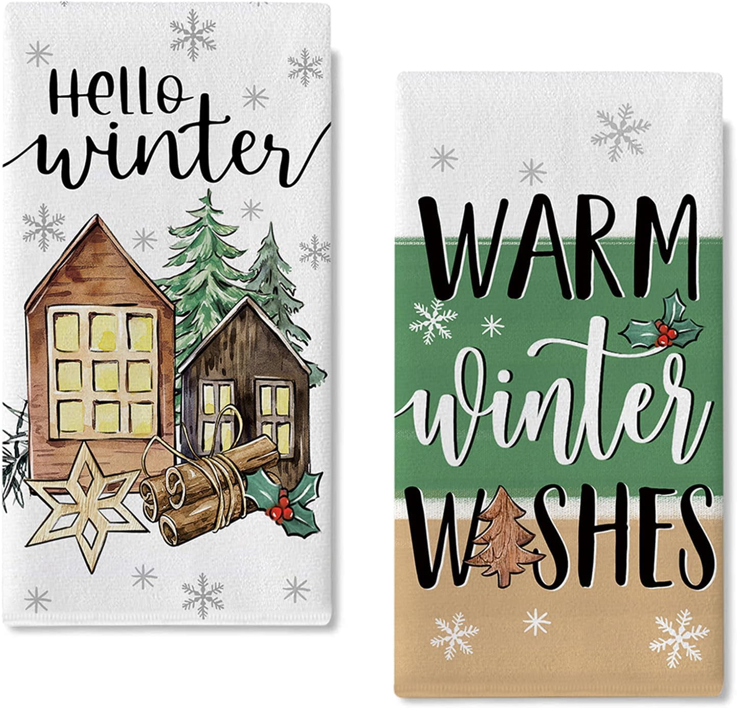 Hello Winter Kitchen Dish Towels Set of 2, Warm Winter Wishes Wooden ...