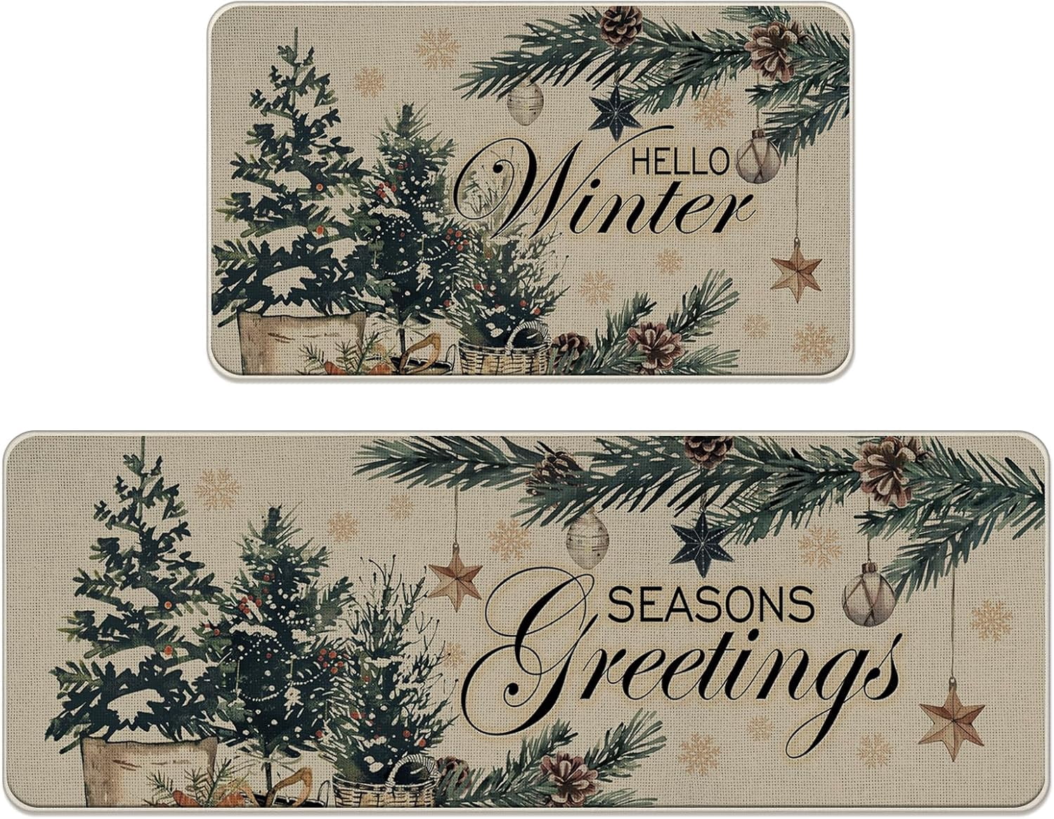 Hello Winter Kitchen Rugs Set of 2, Snowy Pine Tree Seasons Greetings ...